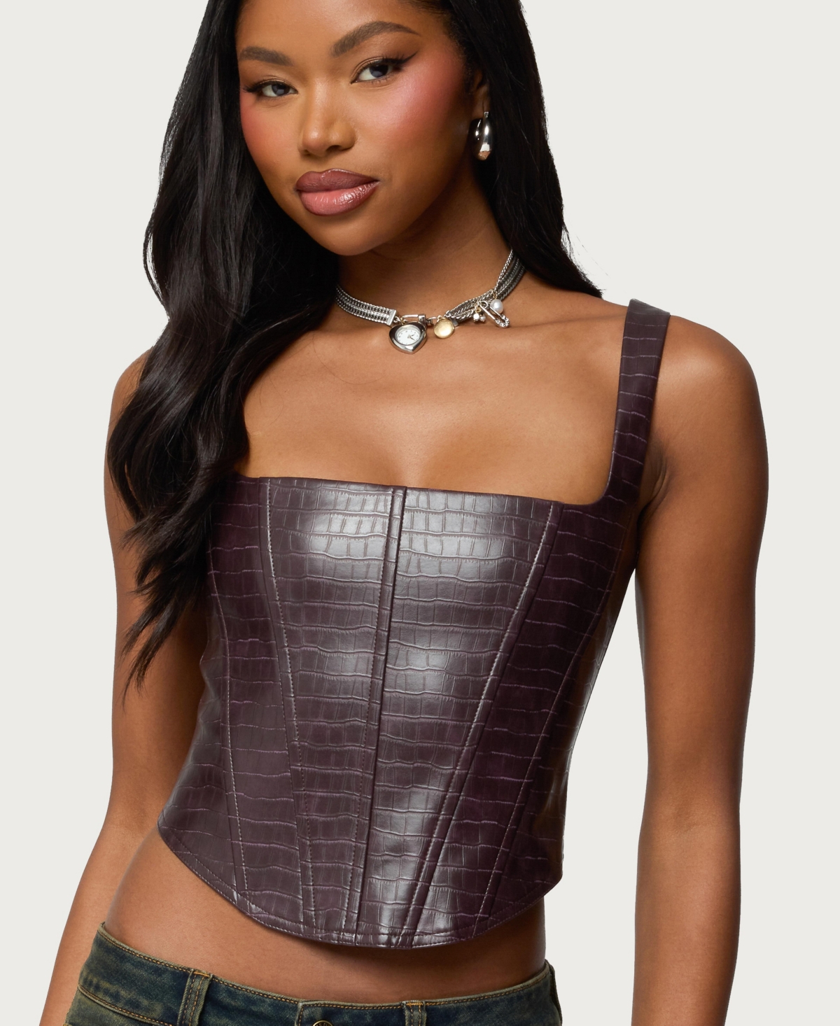 Click here for Edikted Womens Shana Faux Croc Corset Top - Brown prices