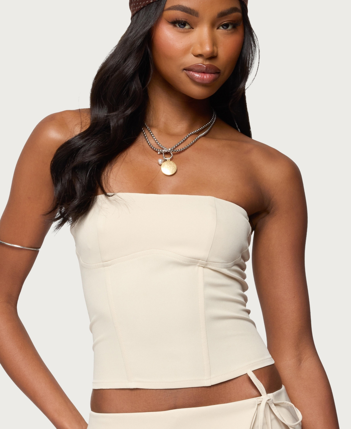 Click here for Edikted Womens Selena Lace Up Corset - Beige prices