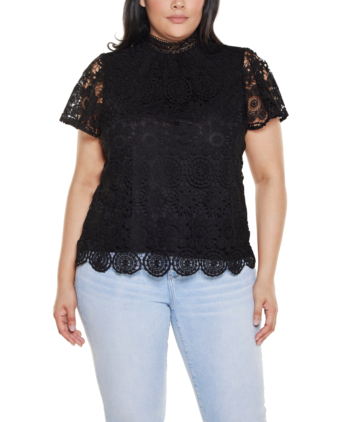 Click here for Belldini Plus Size Lace-Front Mock-Neck Top - Blac... prices