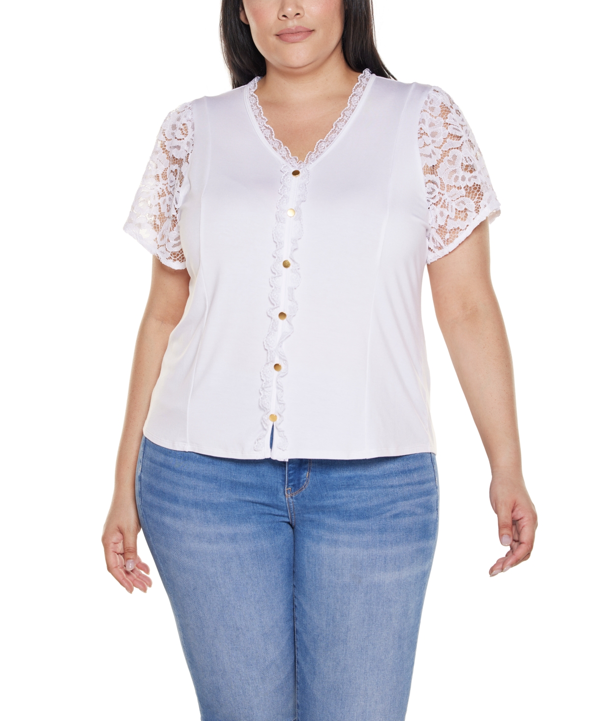 Click here for Belldini Plus Size Crochet Lace Sleeve V-Neck Top... prices