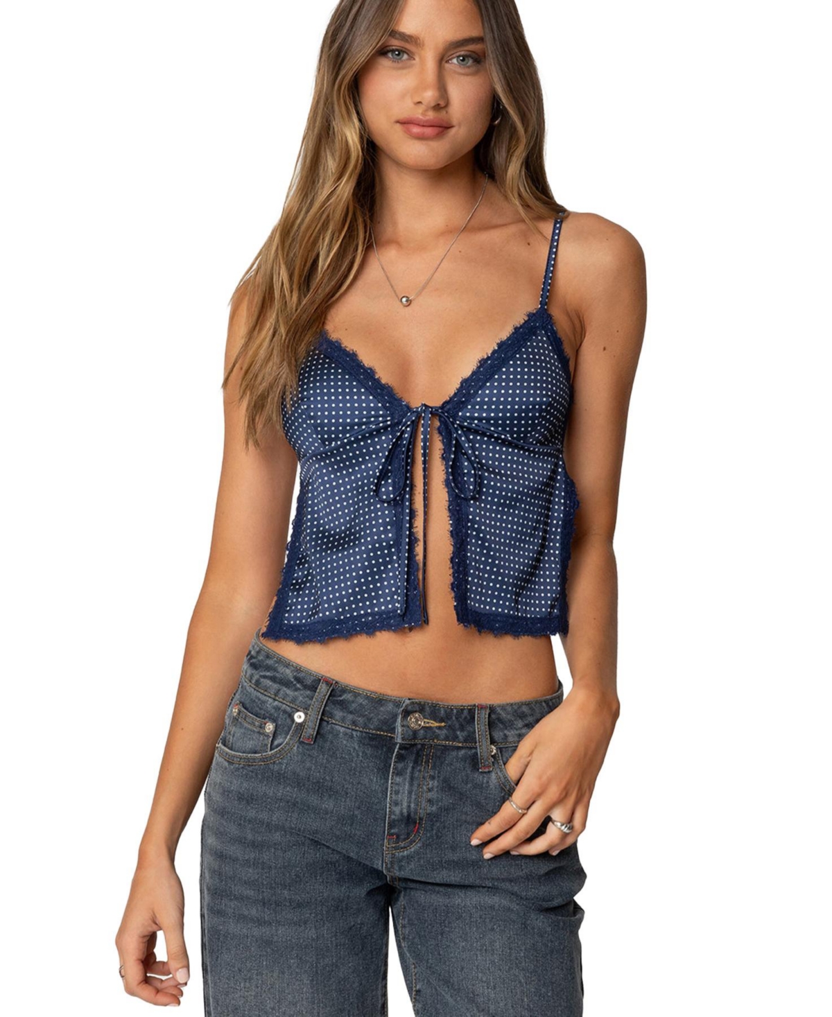 Click here for Edikted Womens Backless Satin Effect Polka Dot Top... prices