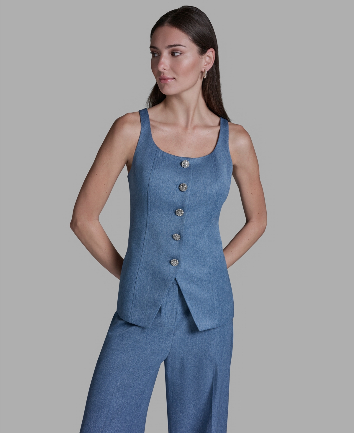 Click here for Bcbg Womens Scoop Neck Front Button Denim Vest - L... prices