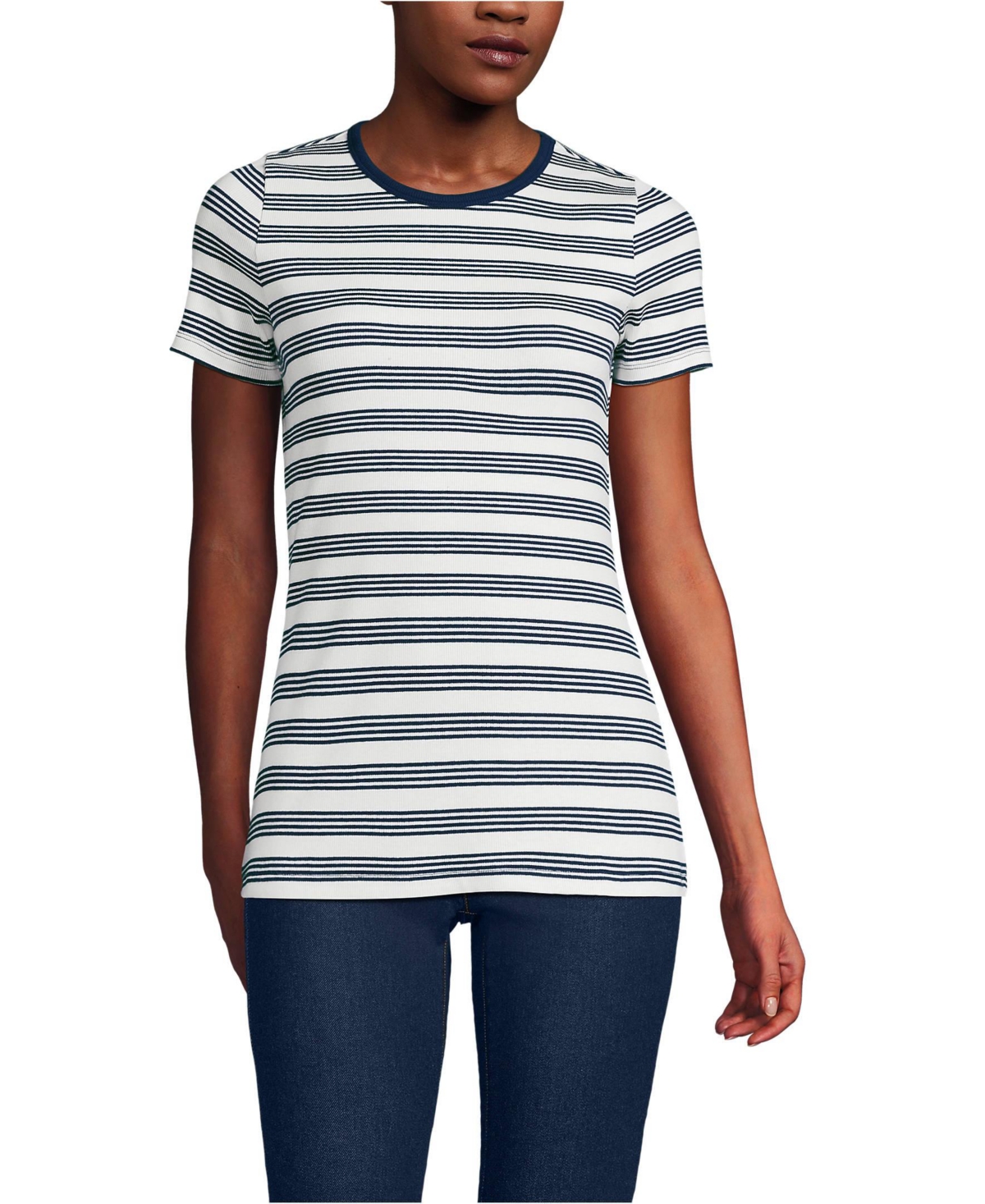 Click here for Lands End Womens Micro Rib T-Shirt - Ivory/deep se... prices