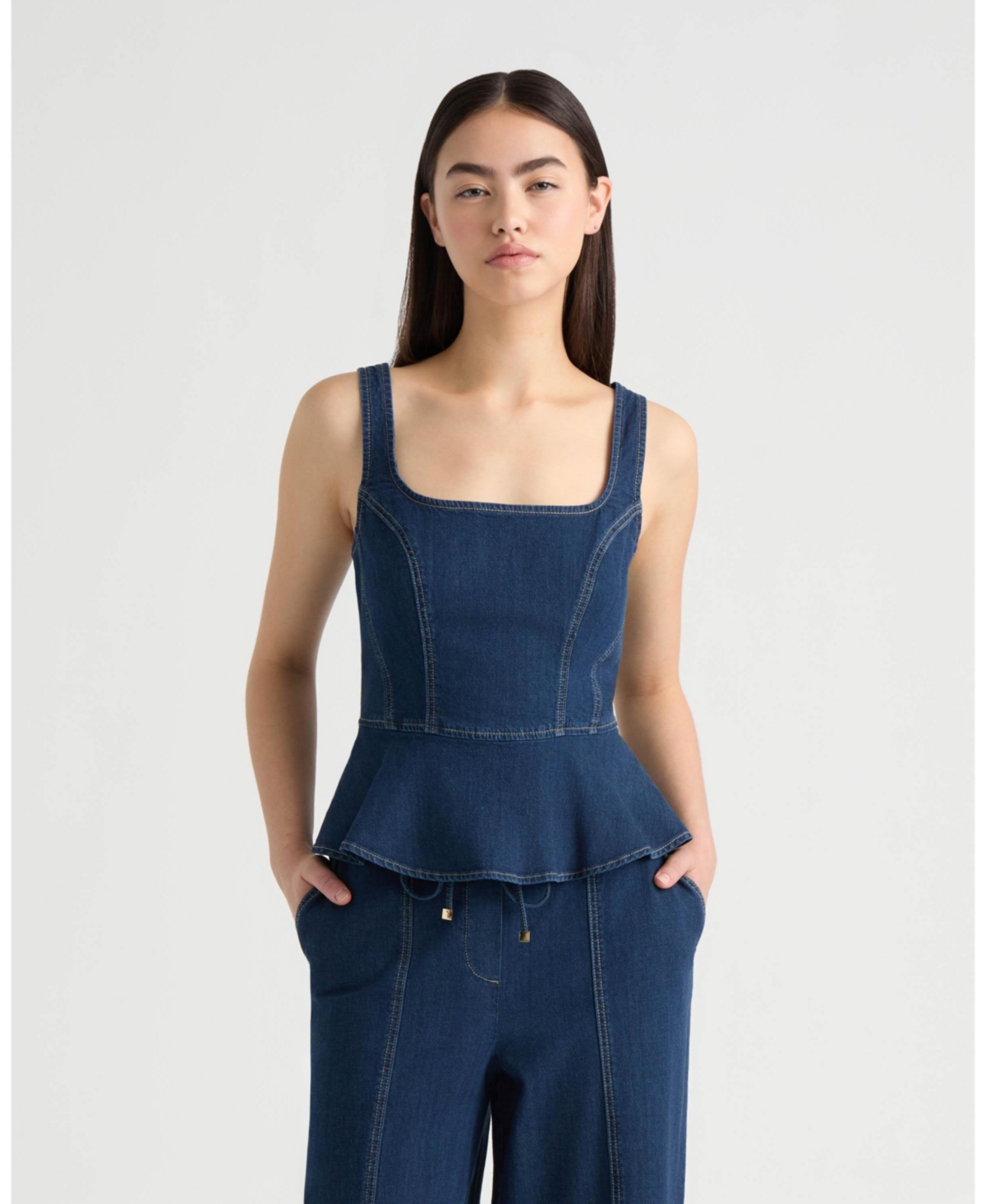 Click here for Nvlt Womens Denim Sleeveless Corset Peplum Top - D... prices