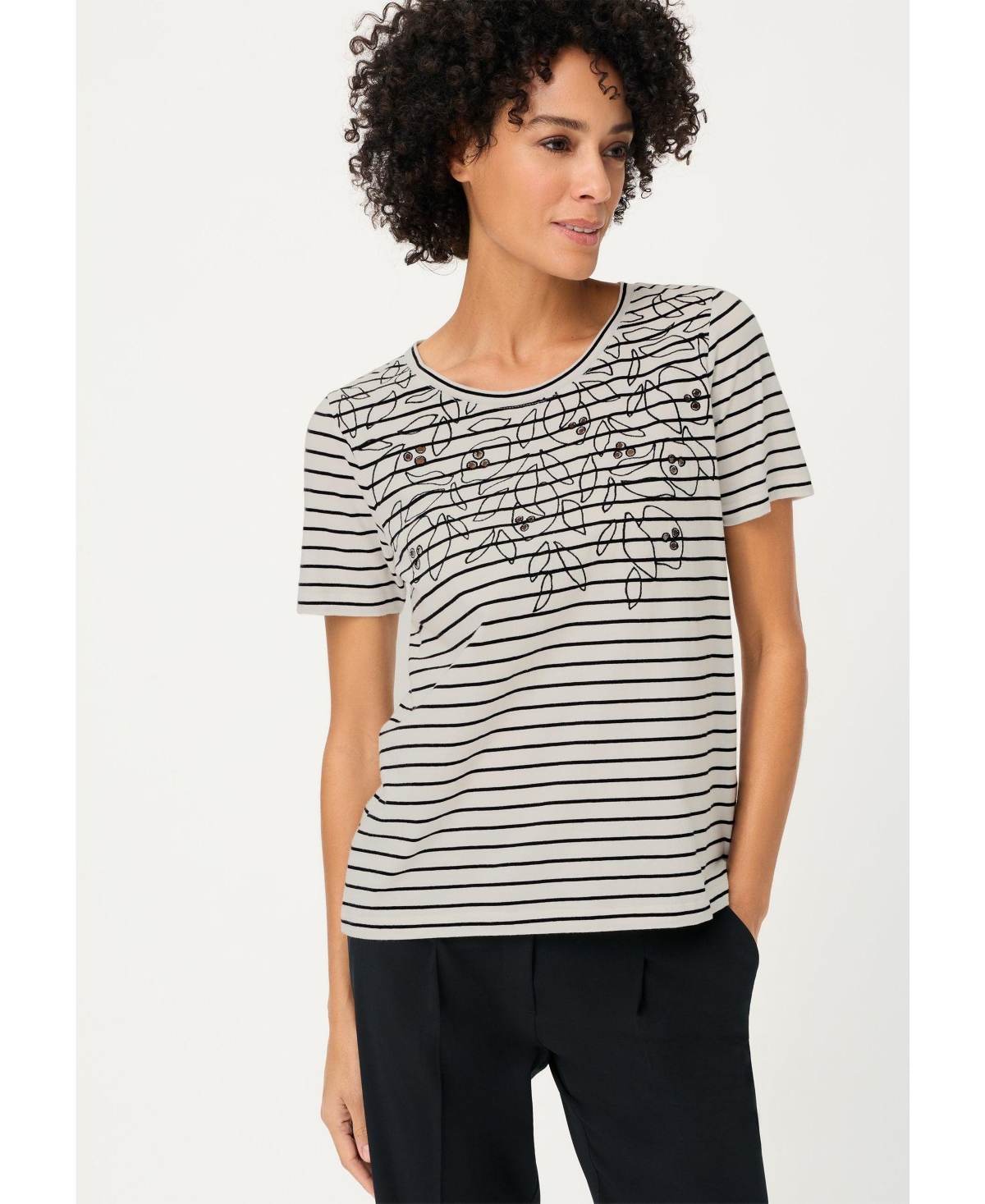 Click here for Olsen Womens Embrodiered Stripe T-Shirt - Black prices