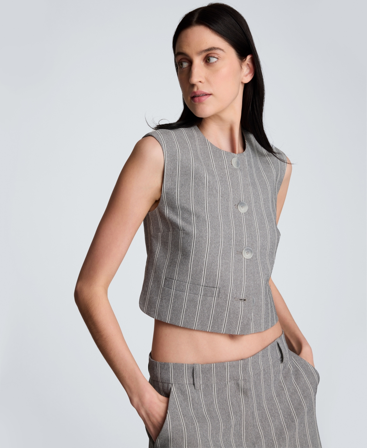 Click here for Kenneth Cole Womens Pinstripe Boxy Vest - Dark Sla... prices