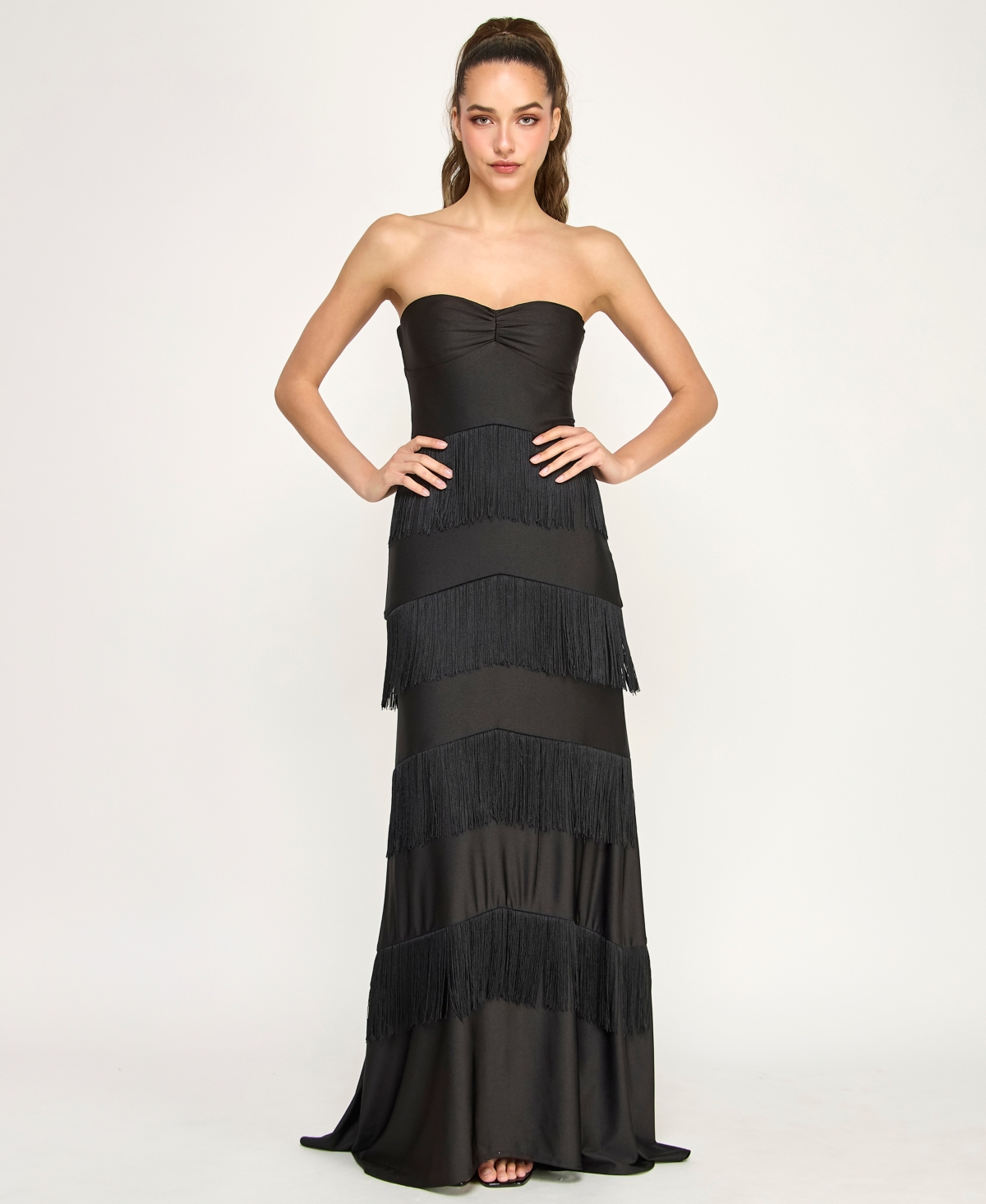 Click here for B Darlin Juniors Strapless Tiered Gown - Black prices