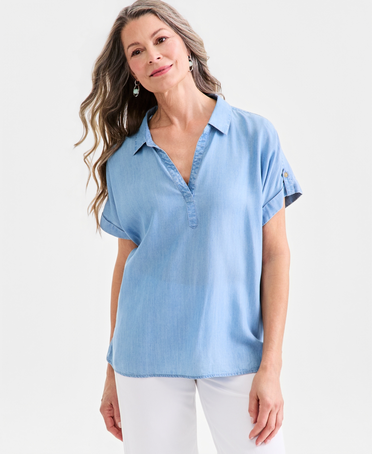 Click here for Style & Co Womens Chambray Collared Popover Top  M... prices