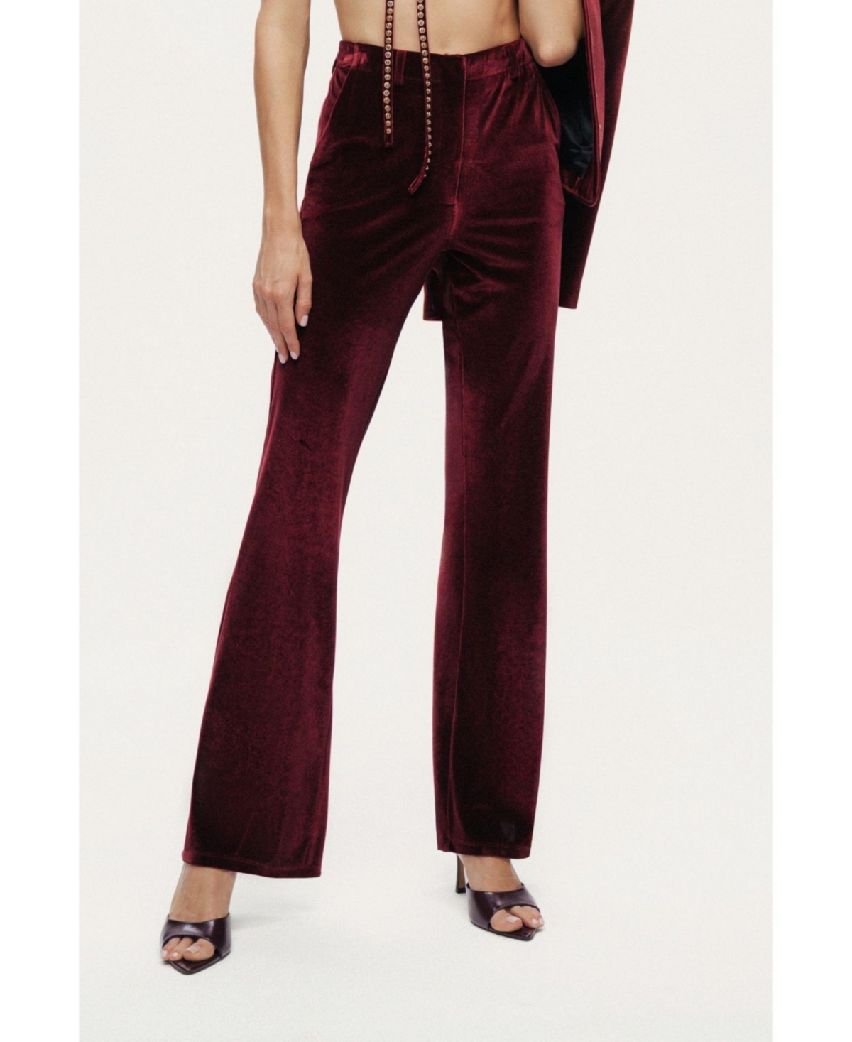 Click here for Nocturne Womens Velvet Bootcut Trousers - Burgundy prices
