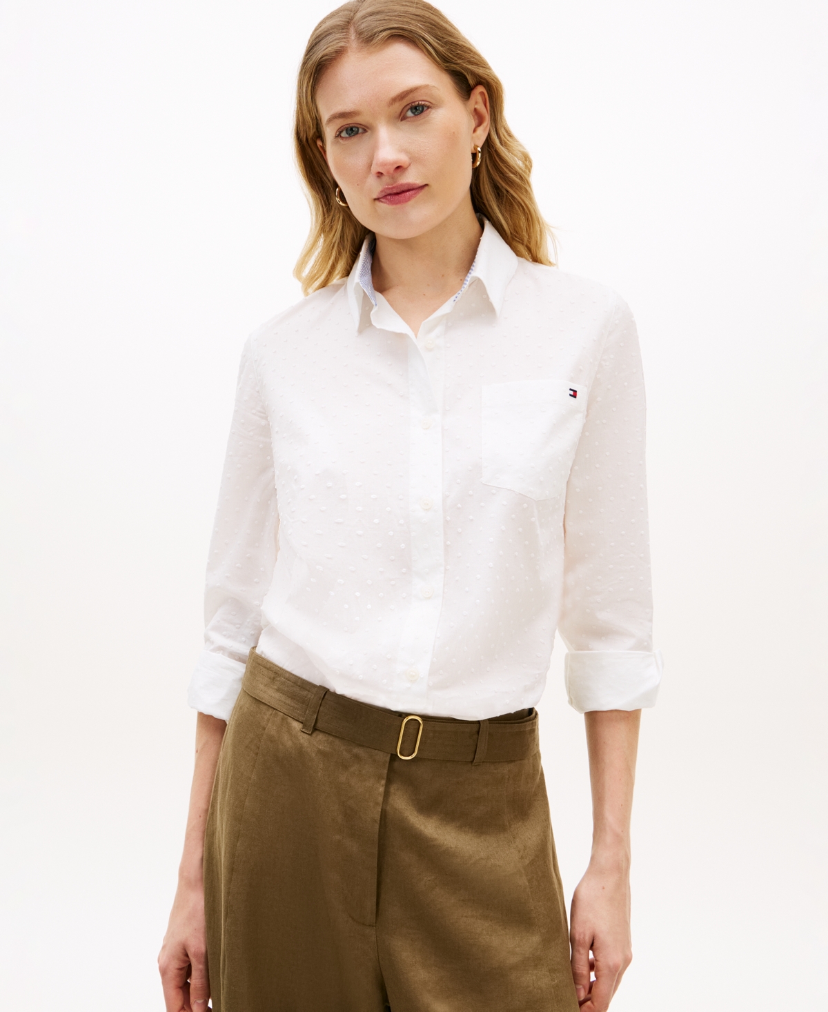 Click here for Tommy Hilfiger Womens Clip Dot Roll-Tab Collared S... prices