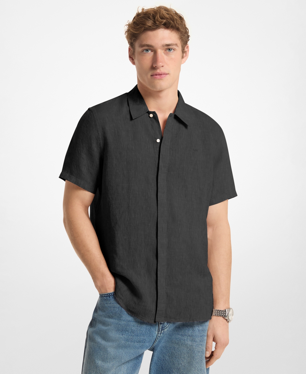 Click here for Michael Kors Mens Point Collar Linen Shirt - Black prices