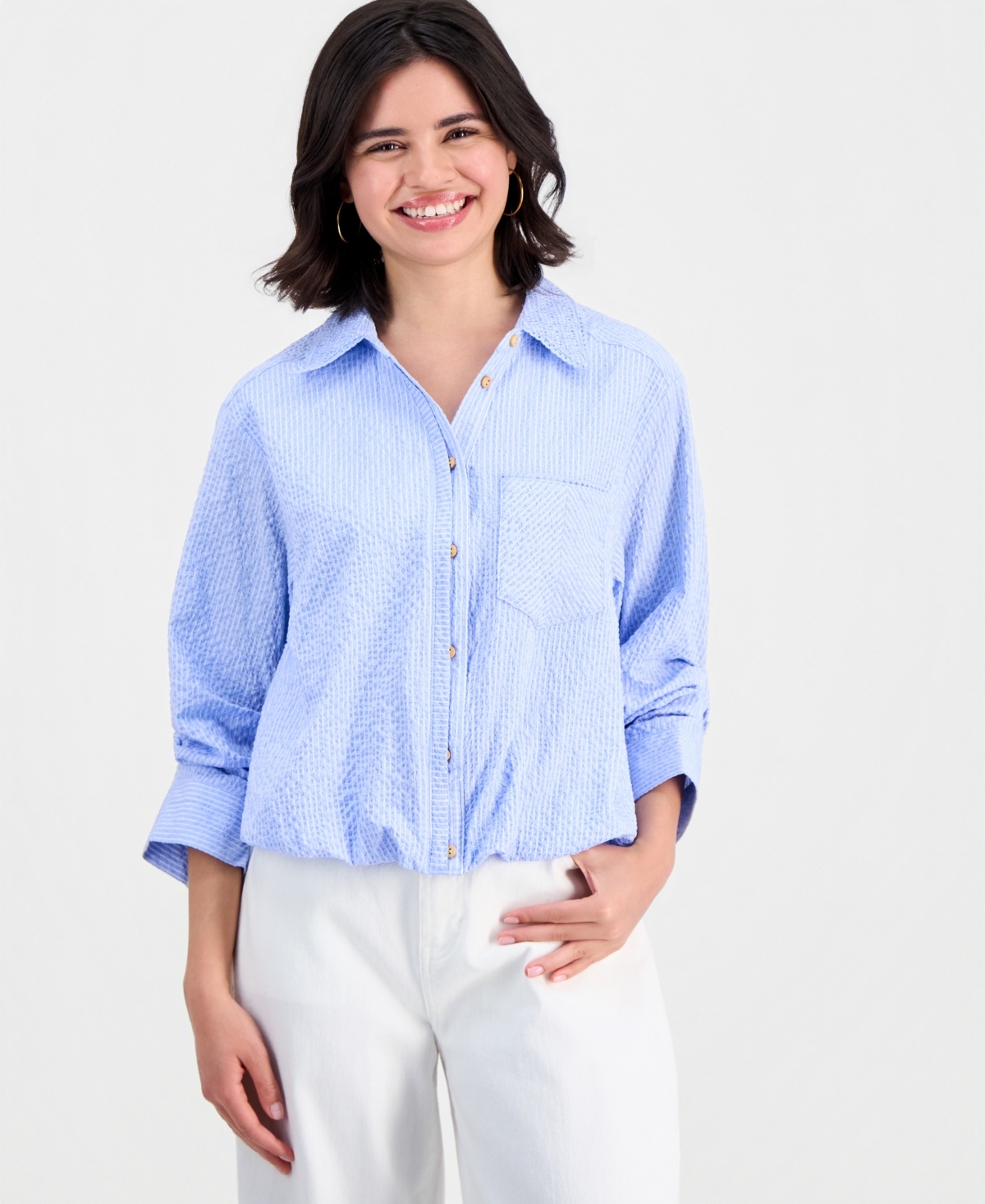 Click here for Democracy Womens Bubble Hem Collar Shirt - Light B... prices