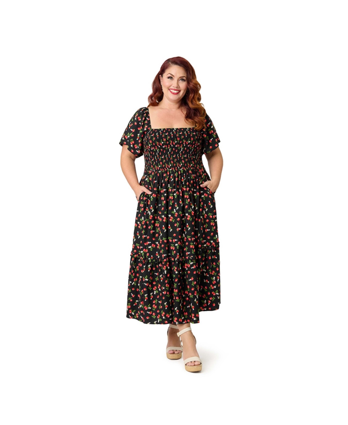 Click here for Unique Vintage Plus Size Smocked Bodice Midi Dress... prices