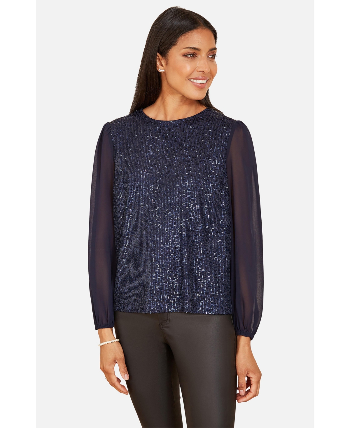 Click here for Yumi Womens Sheer Sleeve Sequin Top - Navy prices