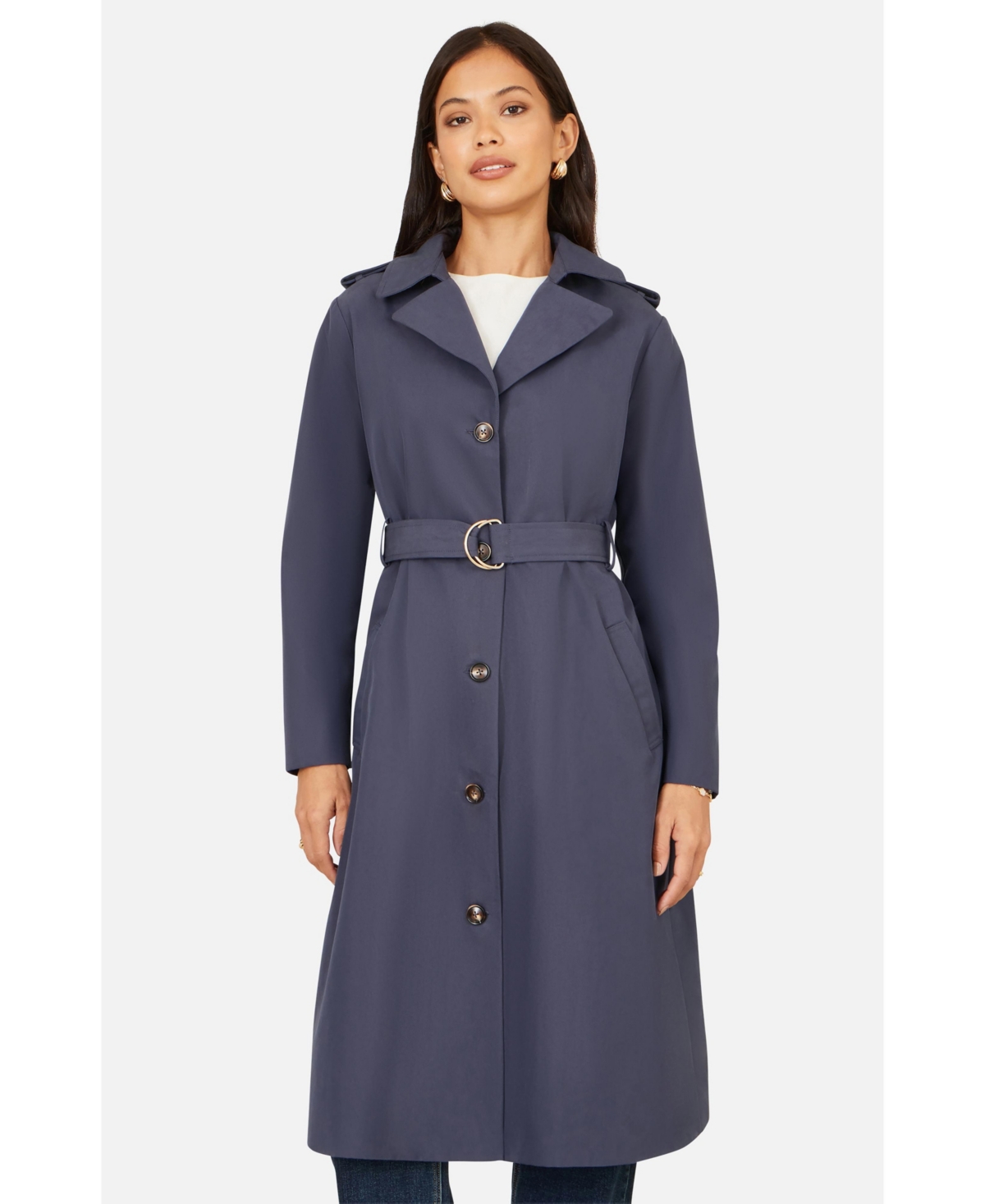 Click here for Yumi Womens Belted Long Trench Coat - Navy prices