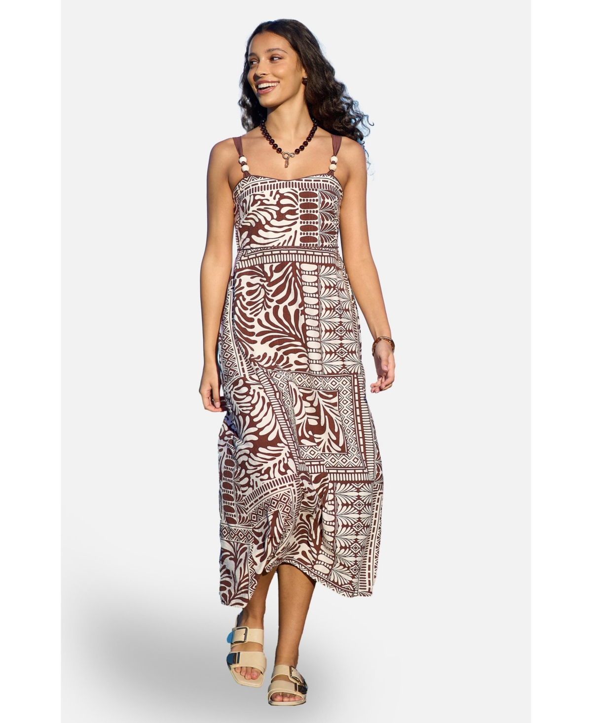 Click here for Yumi Womens Beaded Print Midi Dress - Brown prices