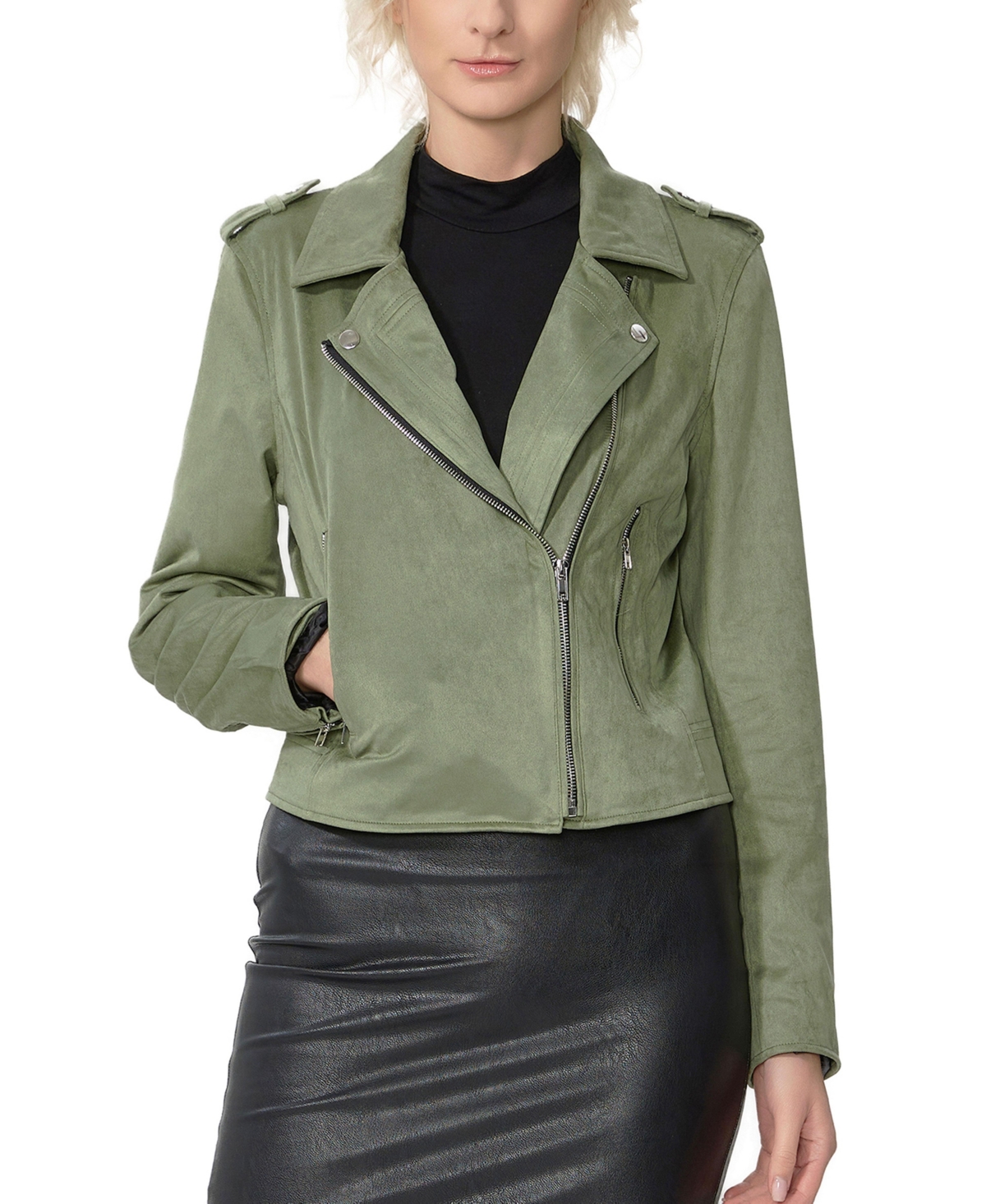 Click here for kimi + kai Womens Faux Suede Moto Jacket - Olive prices