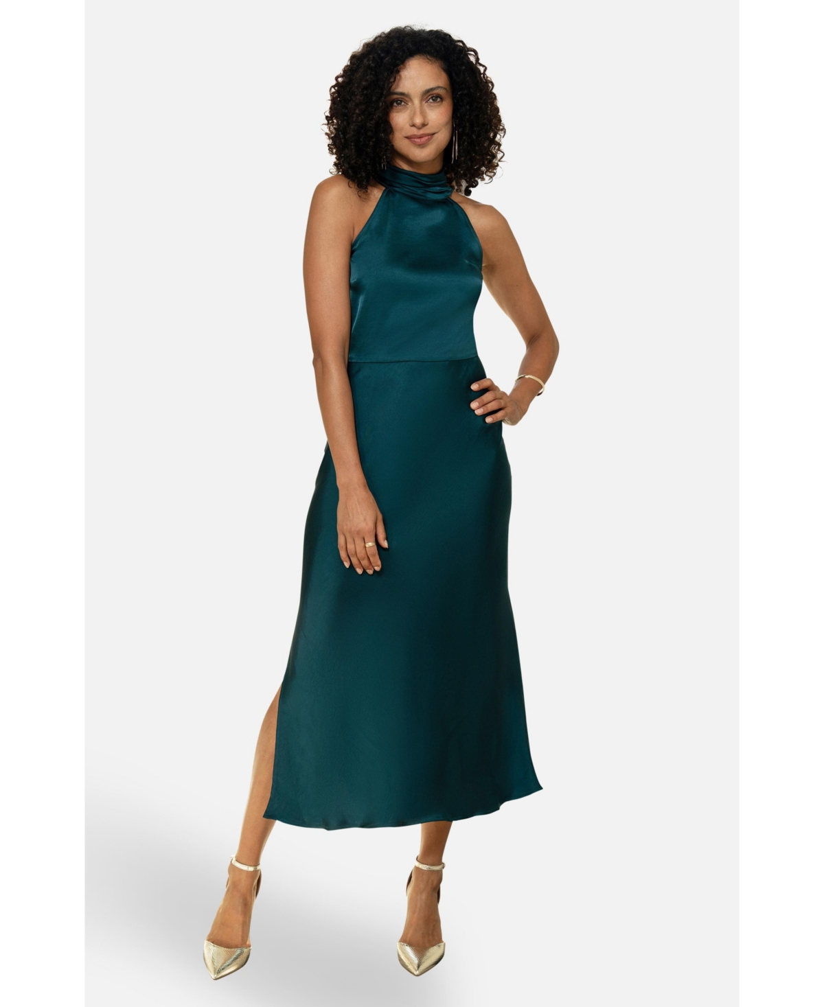 Click here for Yumi Womens Satin Halter Neck Midi Dress - Green prices