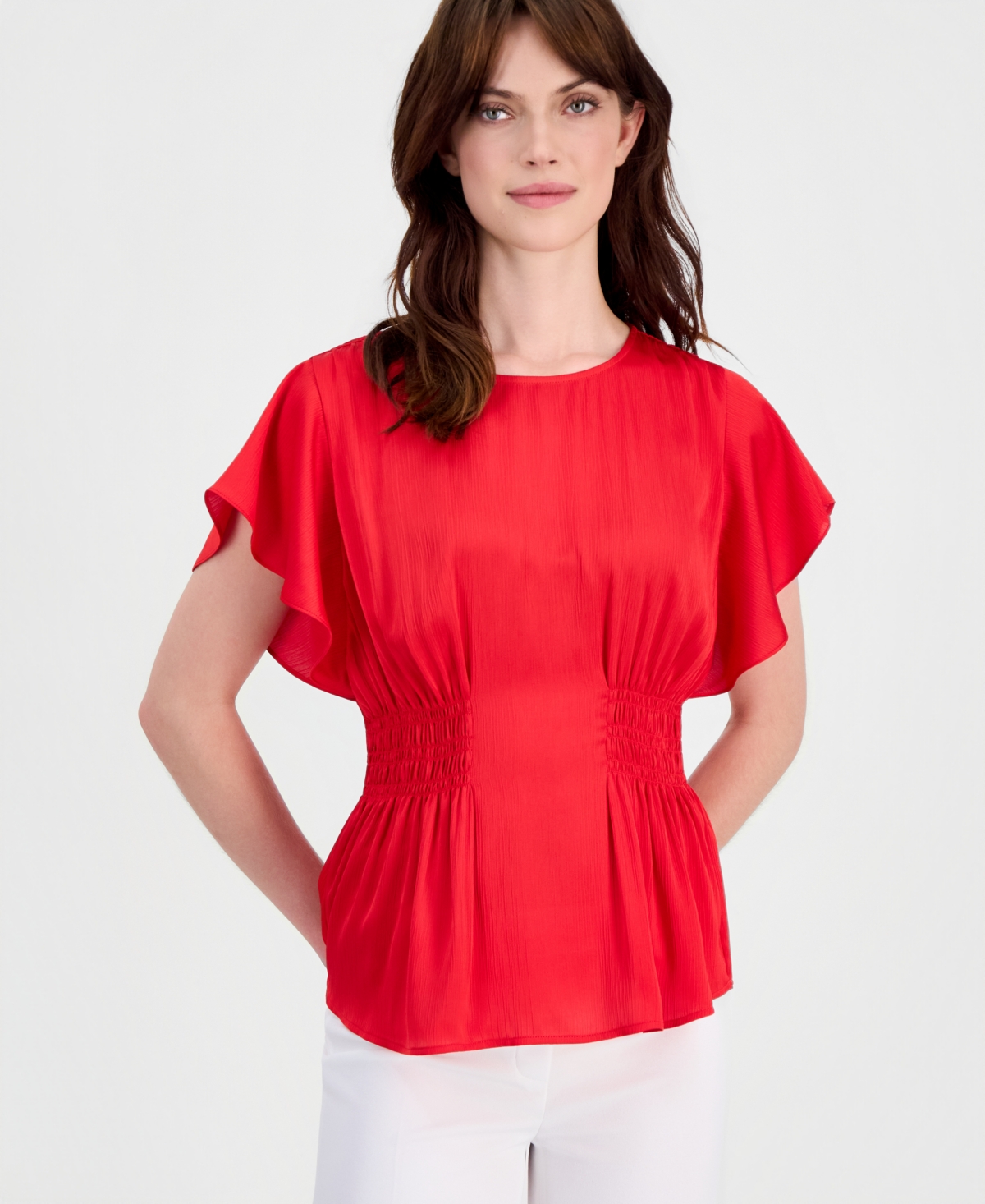 Click here for Anne Klein Petite Smocked Waist Peplum Crew Neck T... prices