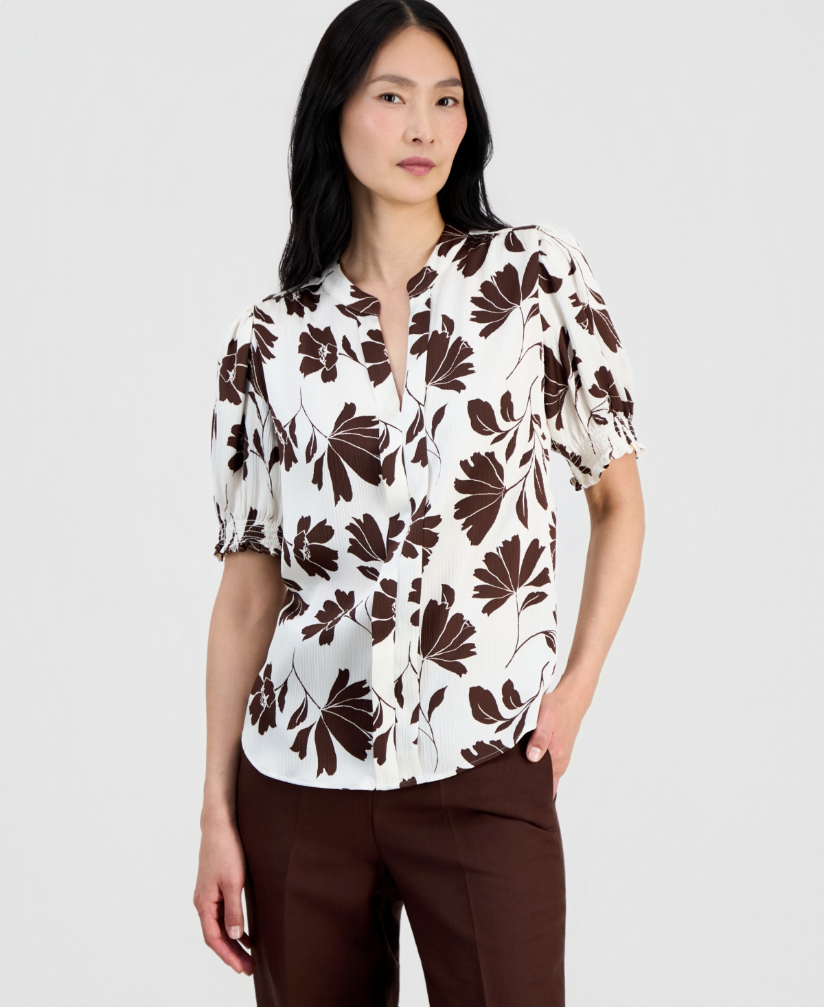 Click here for Anne Klein Petite Printed Y-Neck Pull-On Top - Whi... prices