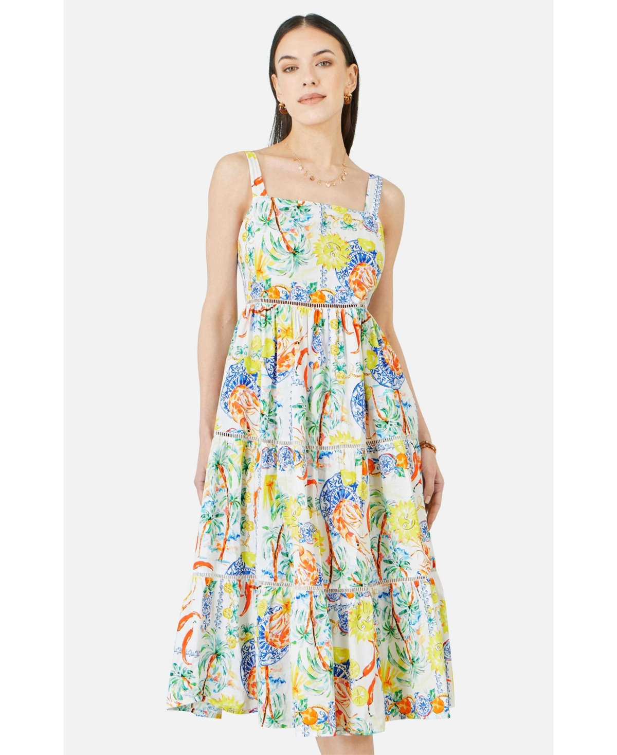 Click here for Yumi Womens Print Cotton Midi Sun Dress - White prices