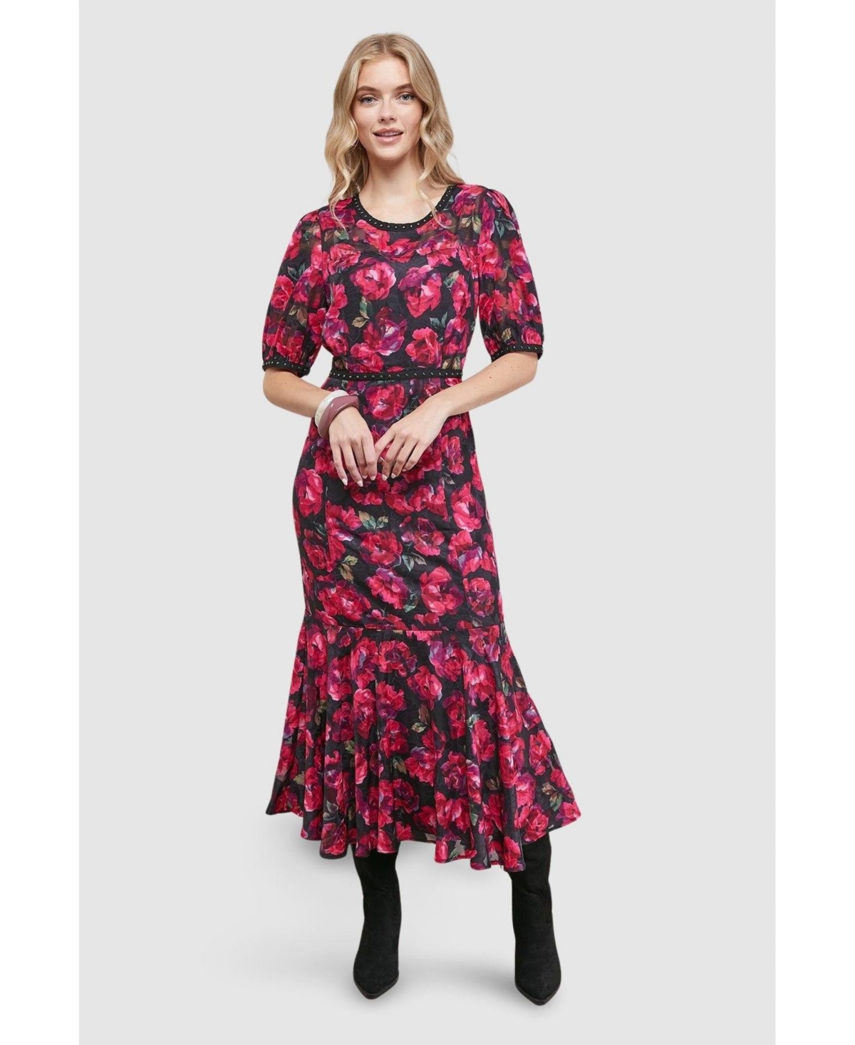 Click here for Oasis Womens Floral Stud Trim Puff Sleeve Midi Dre... prices