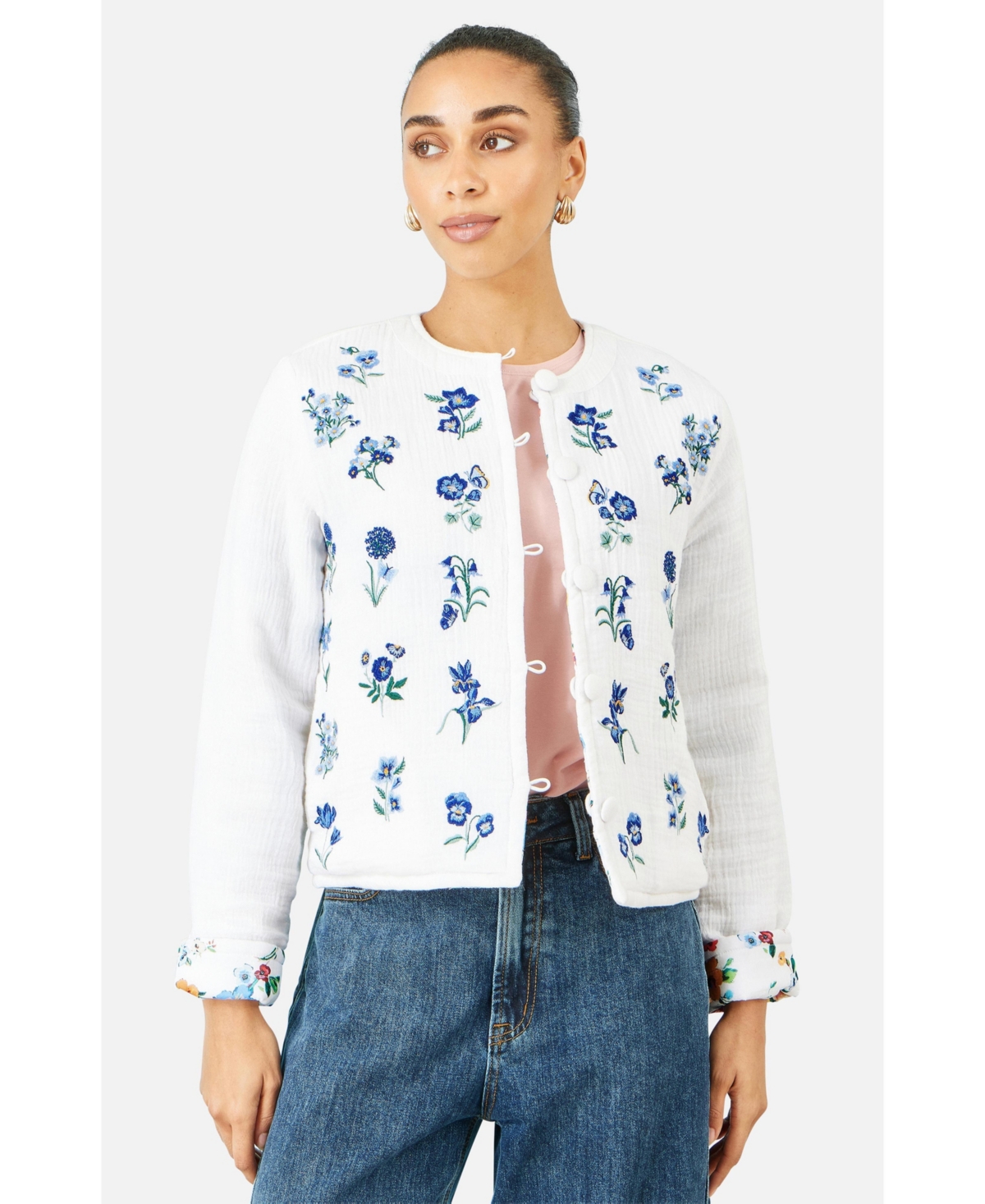 Click here for Yumi Womens Floral Embroidery Cotton Jacket - Whit... prices