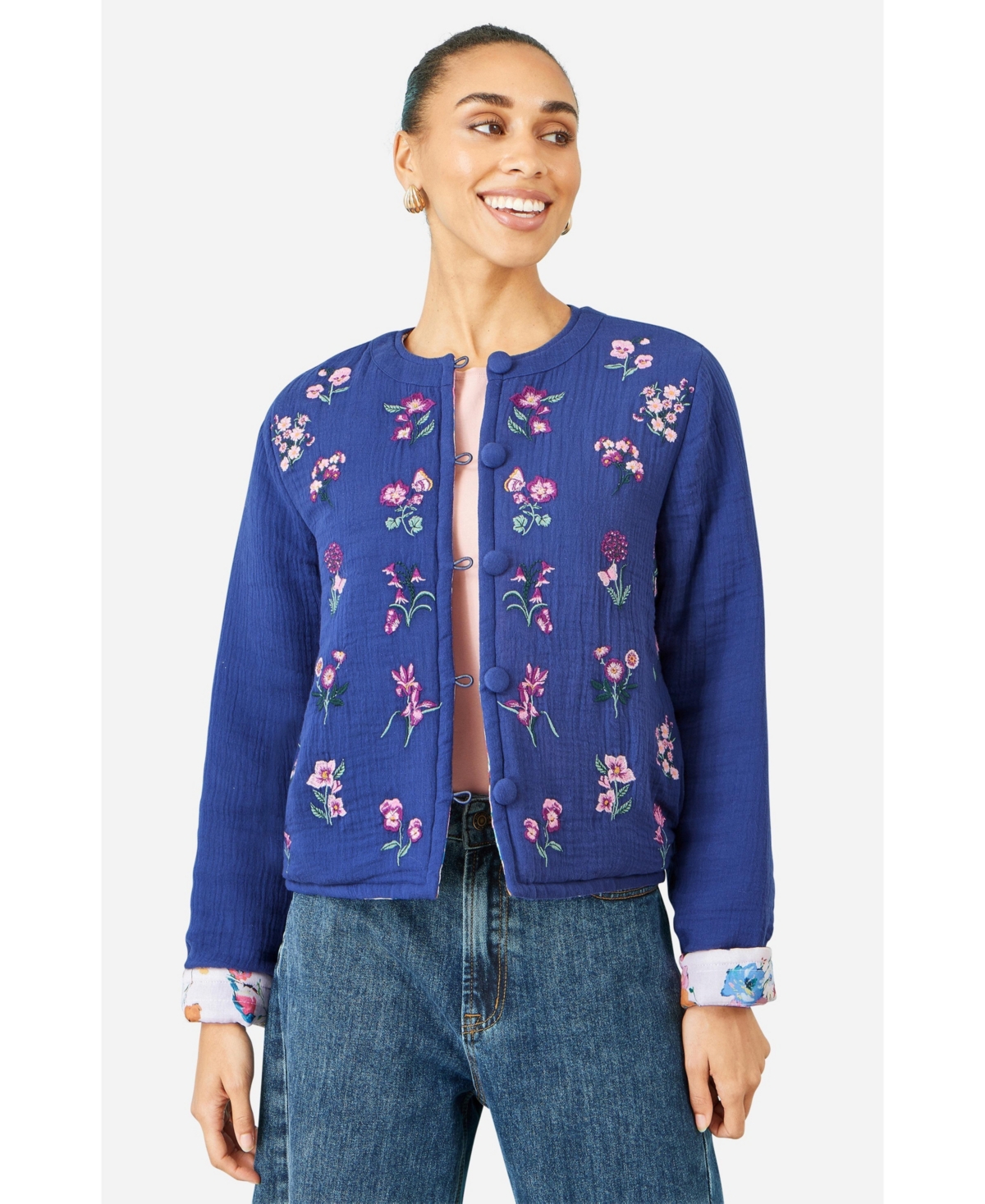 Click here for Yumi Womens Floral Embroidery Cotton Jacket - Blue prices