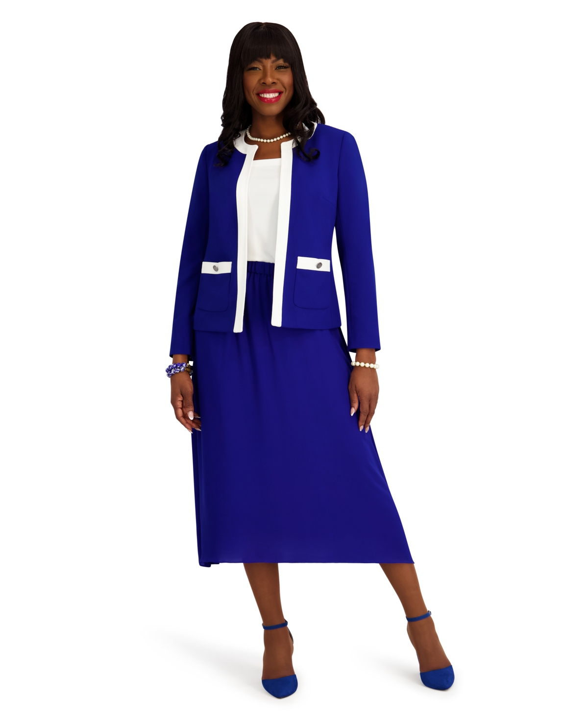 Click here for Kasper Womens Framed Open Front Jacket - Royal Sig... prices