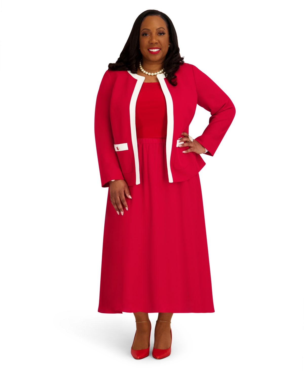 Click here for Kasper Womens Framed Open Front Jacket - Crimson/C... prices