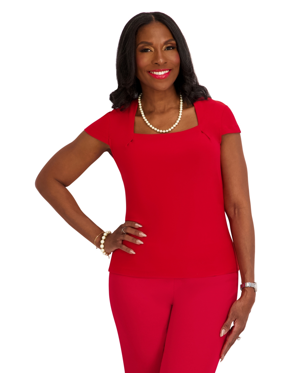 Click here for Kasper Womens Square Neck Short-Sleeve Top - Crims... prices