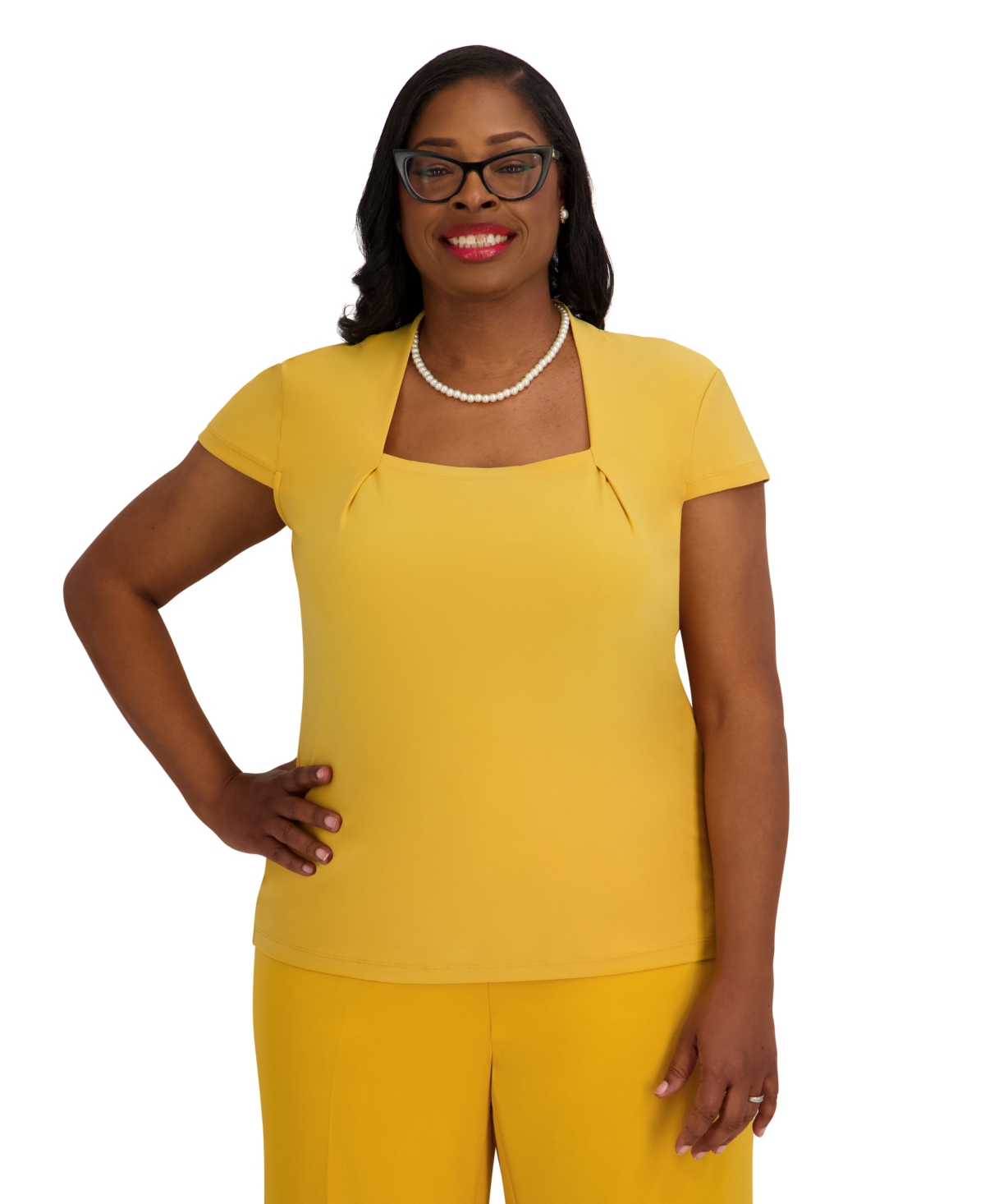 Click here for Kasper Womens Square Neck Short-Sleeve Top - Gold... prices