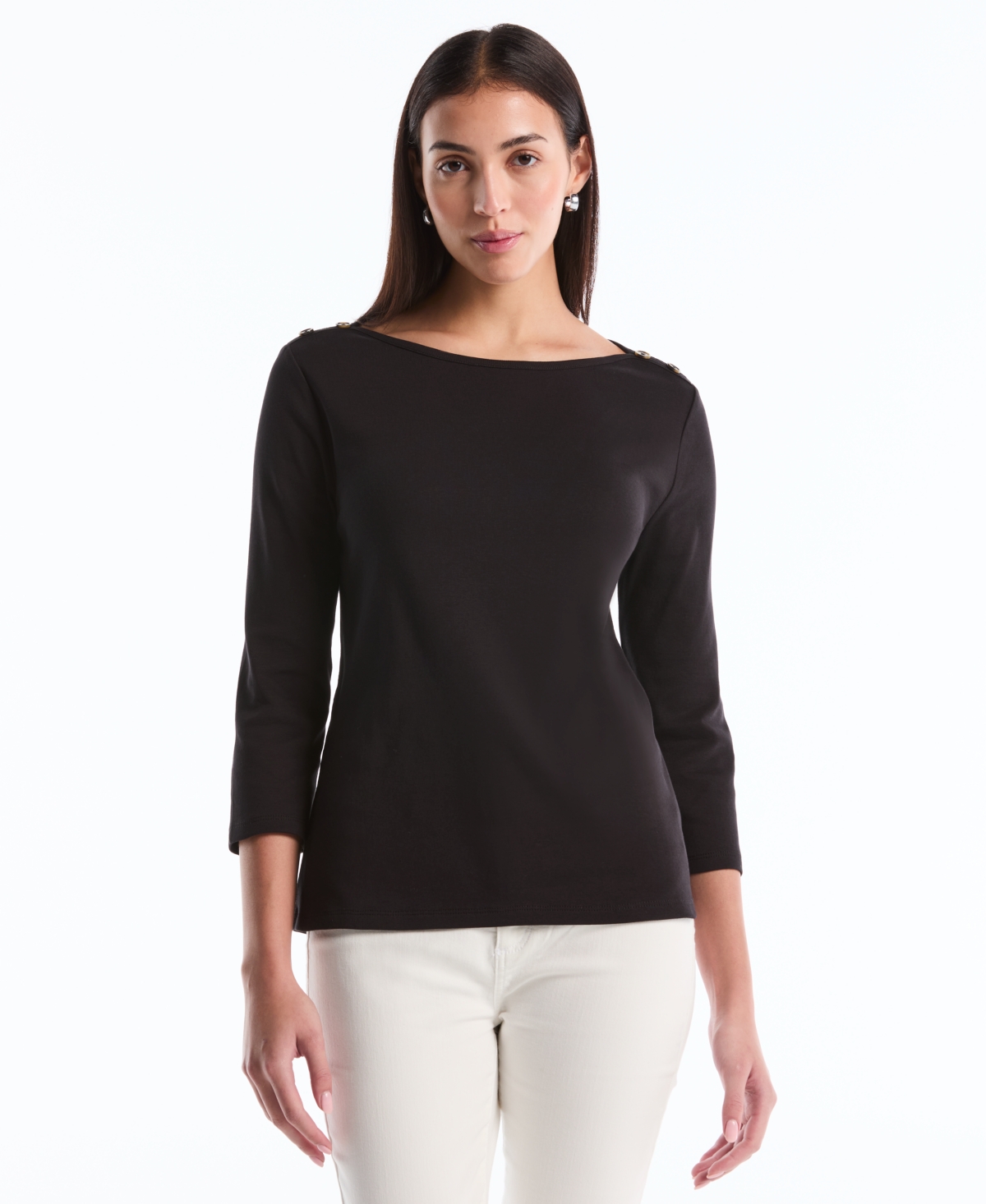 Click here for Rafaella Petite Button Detail Boat Neck Top - Blac... prices