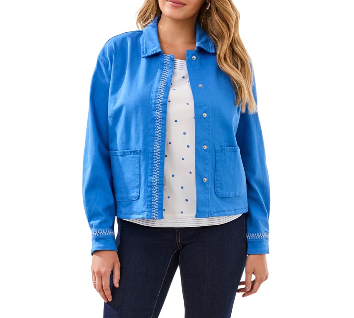 Click here for Tribal Womens Hidden Snap-Front Stretch Denim Jack... prices