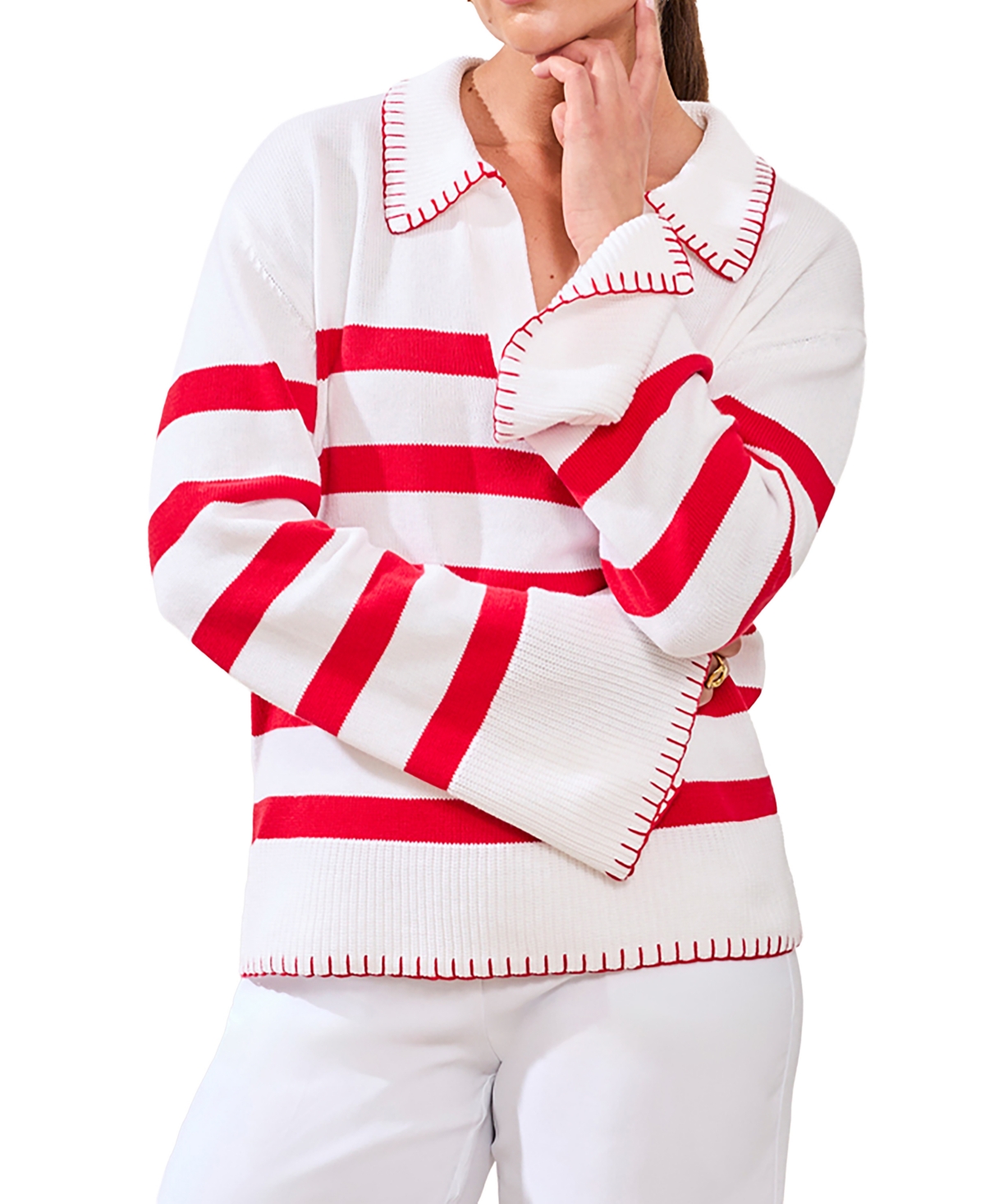 Click here for Tribal Womens Striped Polo Sweater - Sangria prices