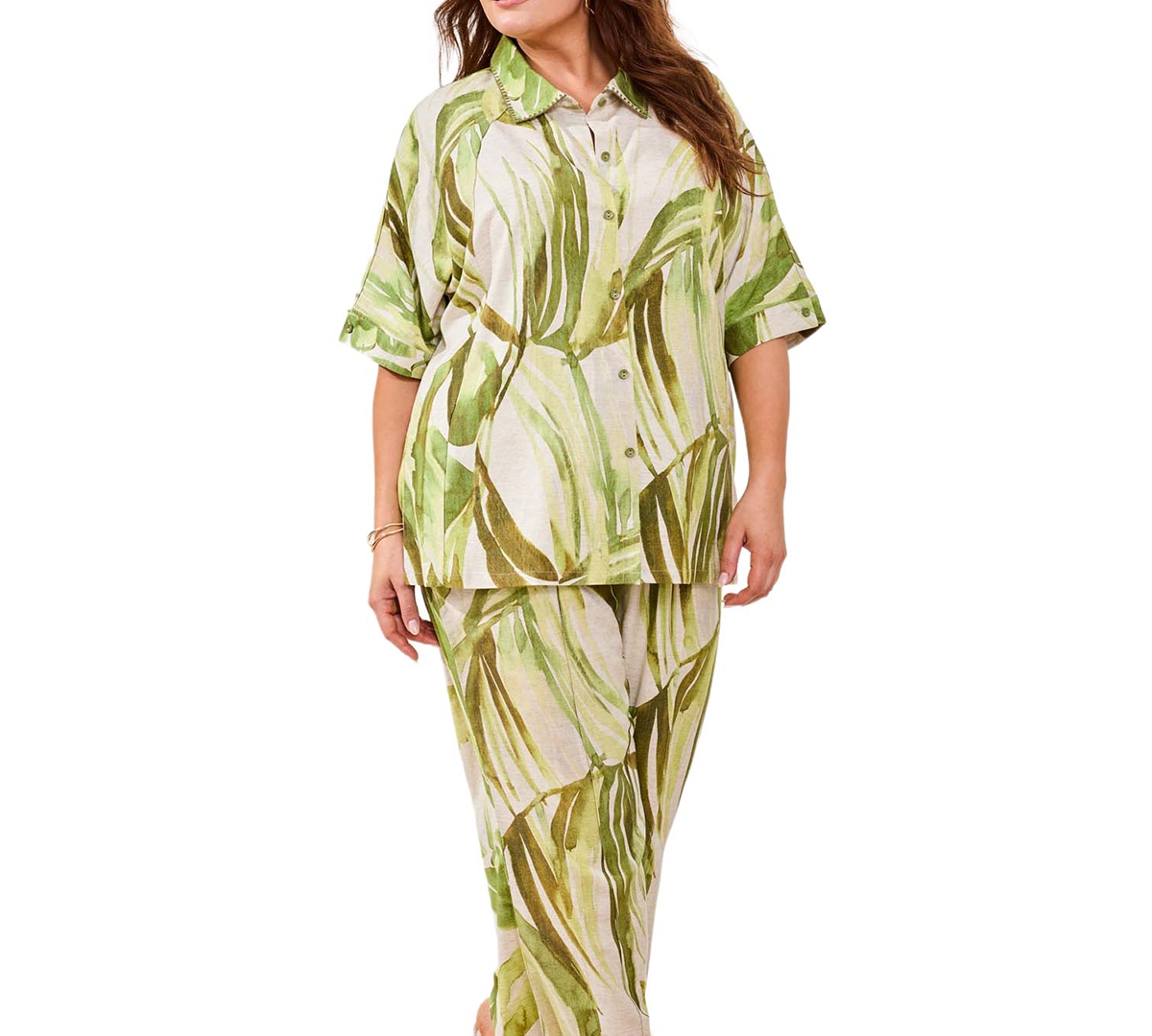Click here for Tribal Plus Size Printed Linen Dolman Elbow-Sleeve... prices