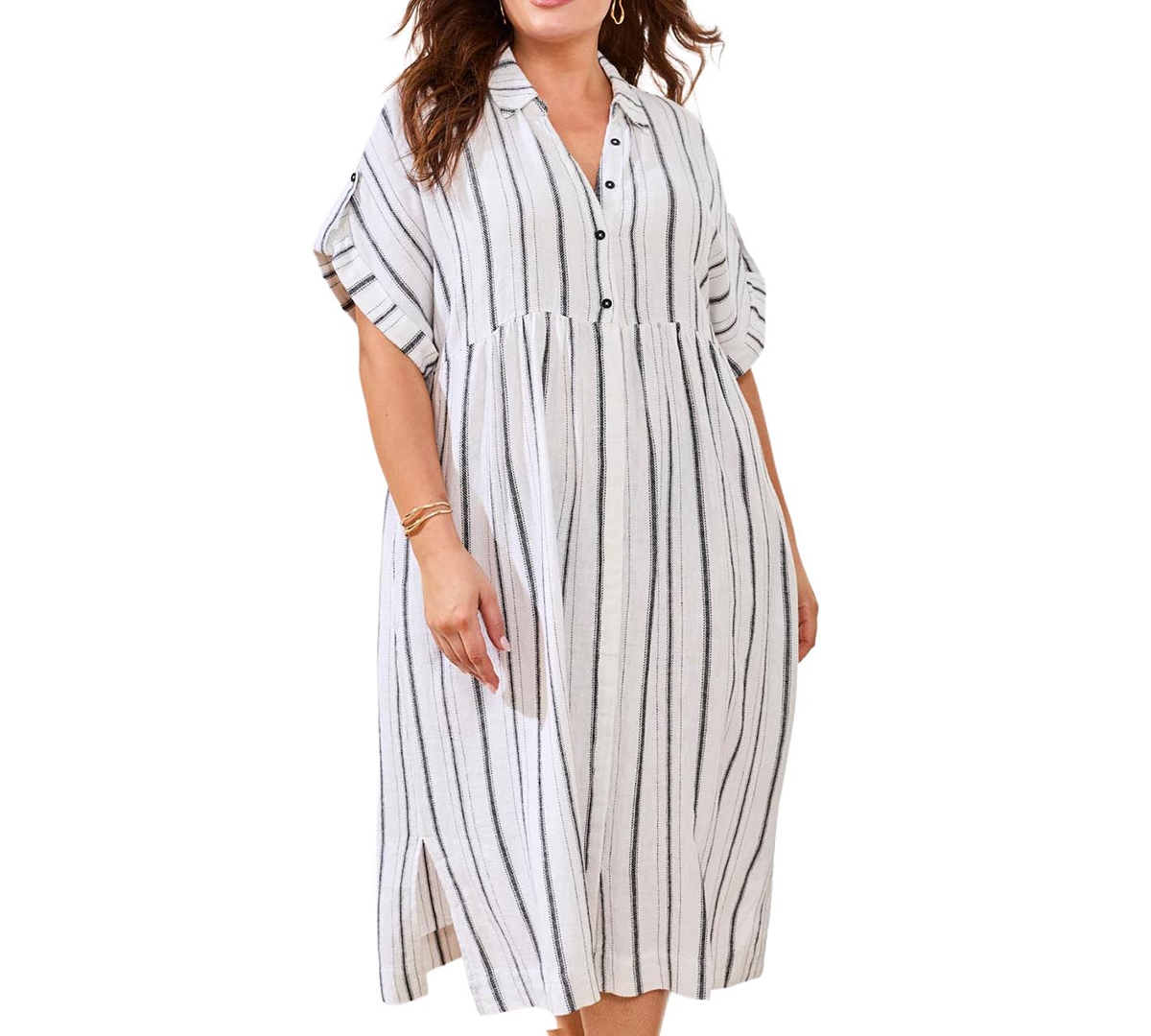 Click here for Tribal Plus Size Yarn Dye Stripe Flowy Shirt Dress... prices