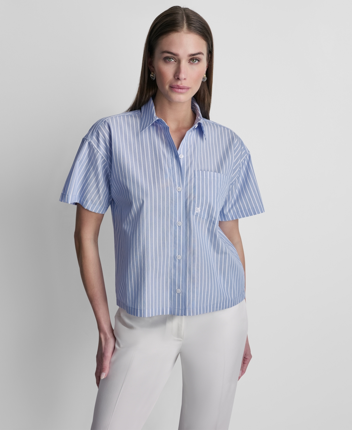 Click here for Dkny Petite Striped Short-Sleeve Shirt - Blue/whit... prices