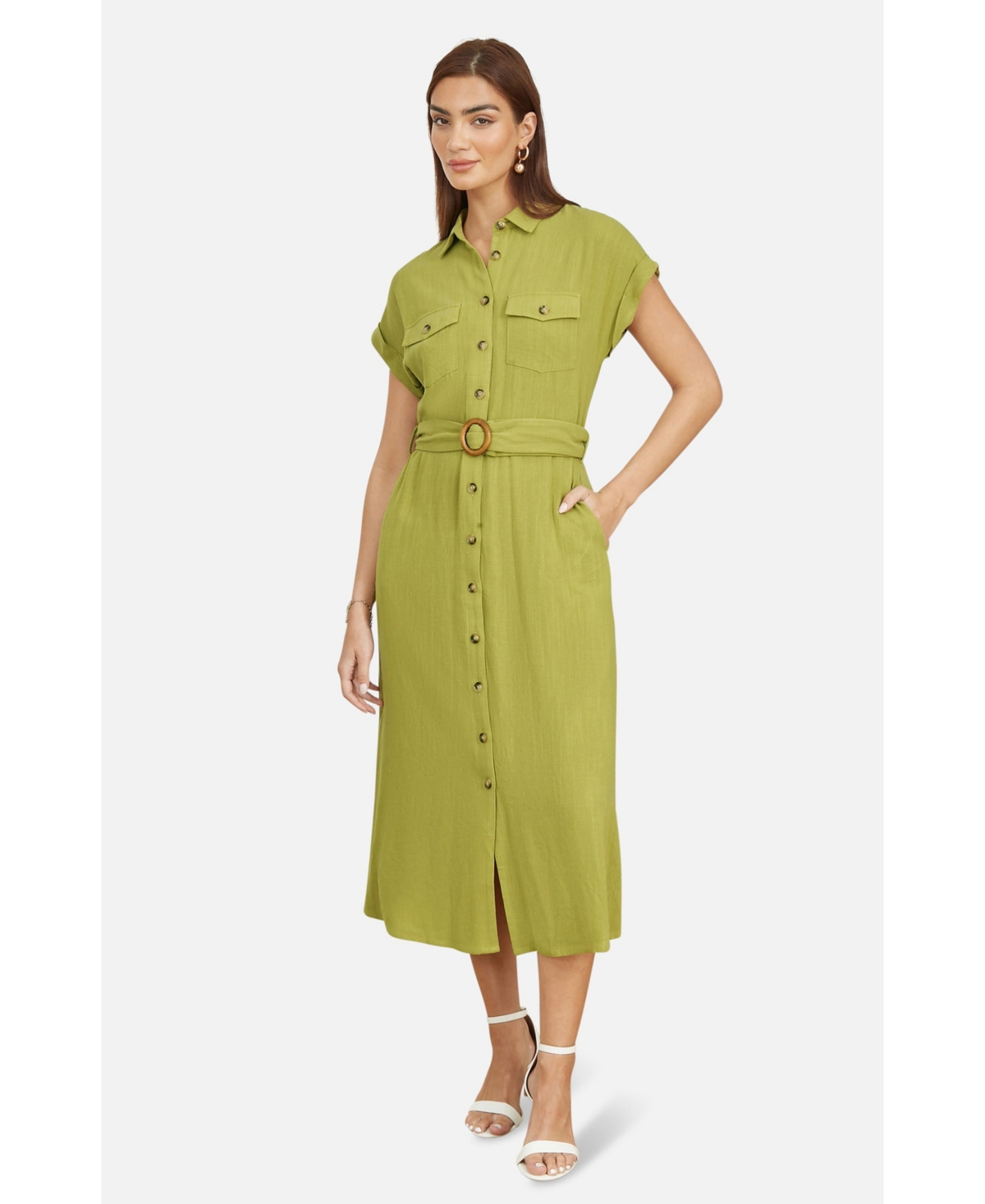Click here for Yumi Womens Linen Look Midi Shirt Dress - Lime gre... prices