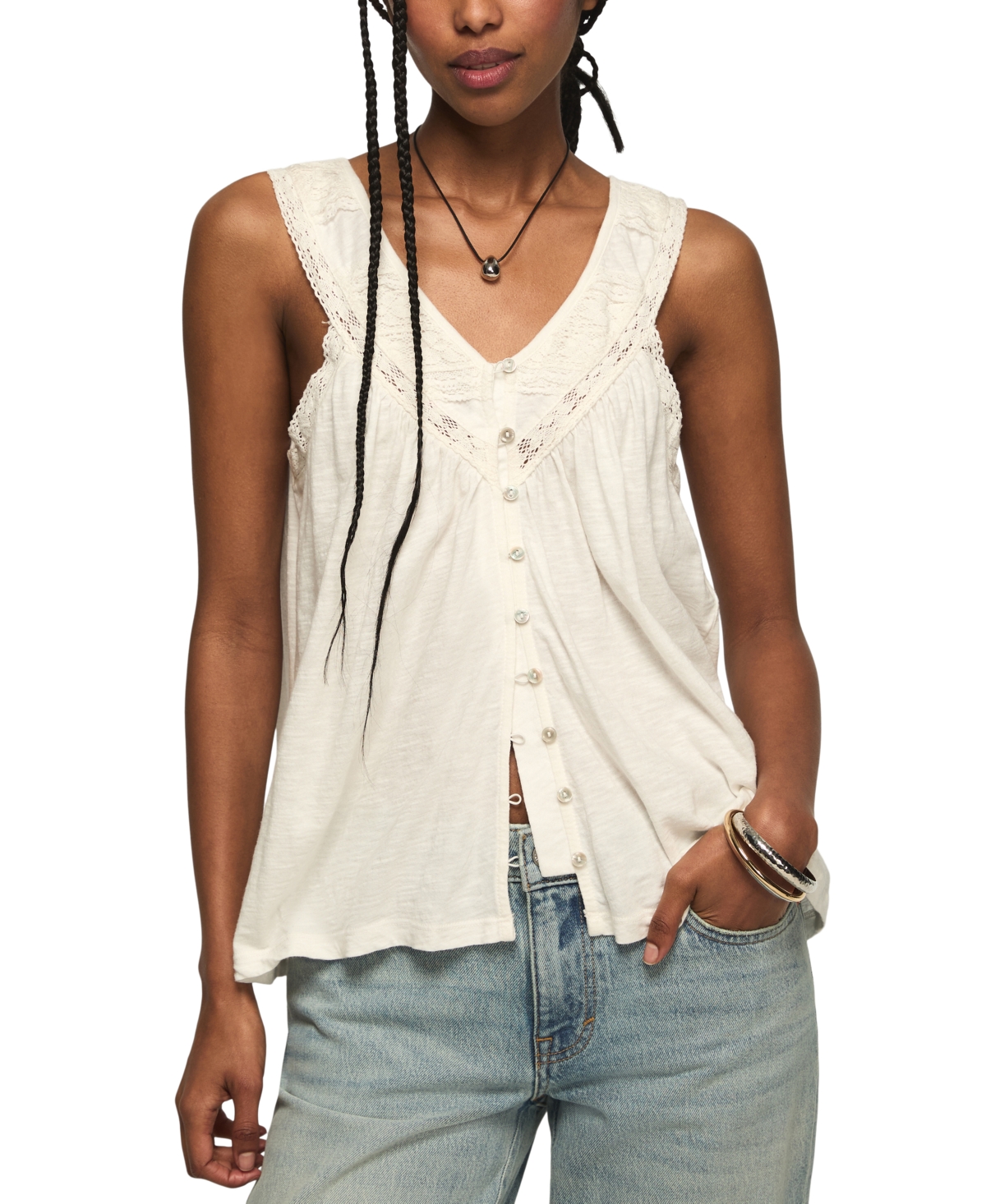 Click here for Lucky Brand Womens Lace Yoke V-Neck Top - Whisper... prices
