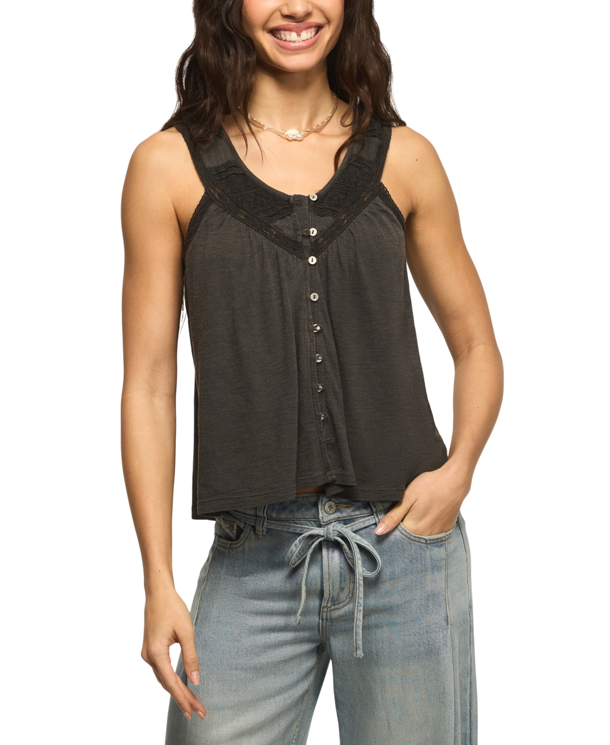 Click here for Lucky Brand Womens Lace Yoke V-Neck Top - Raven prices