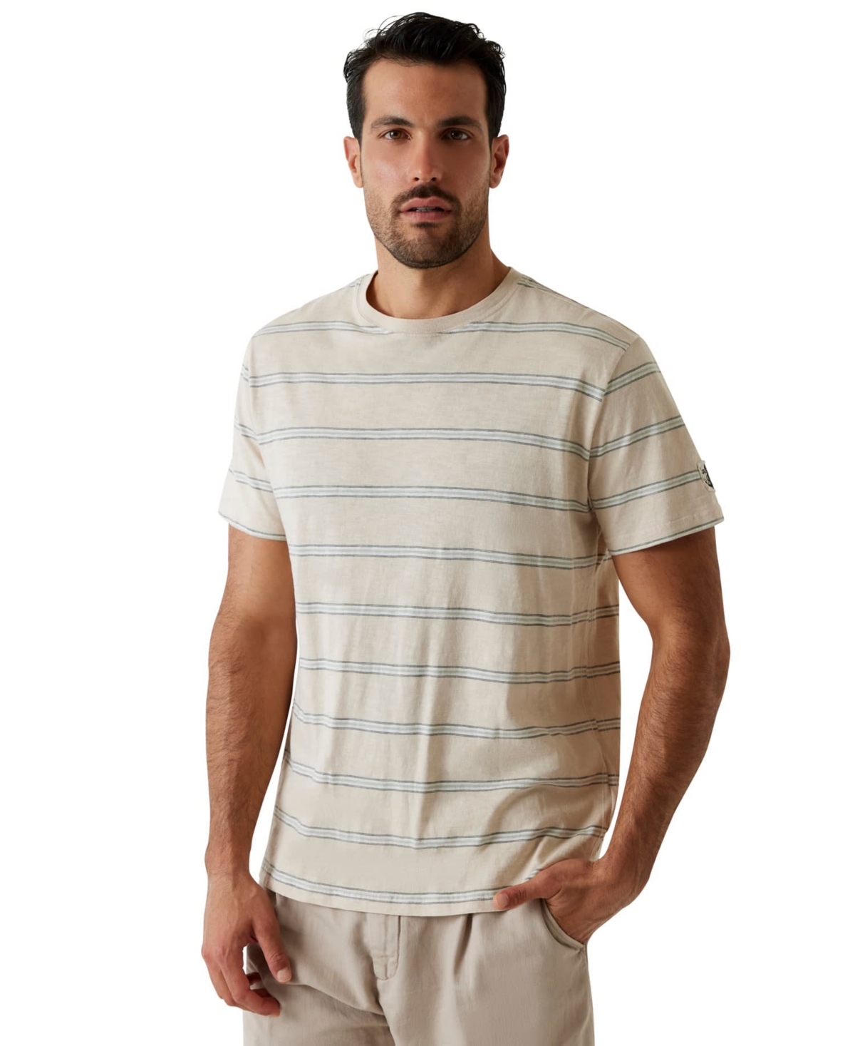 Click here for Guess Mens Striped Relaxed-Fit T-Shirt - Light Oak... prices