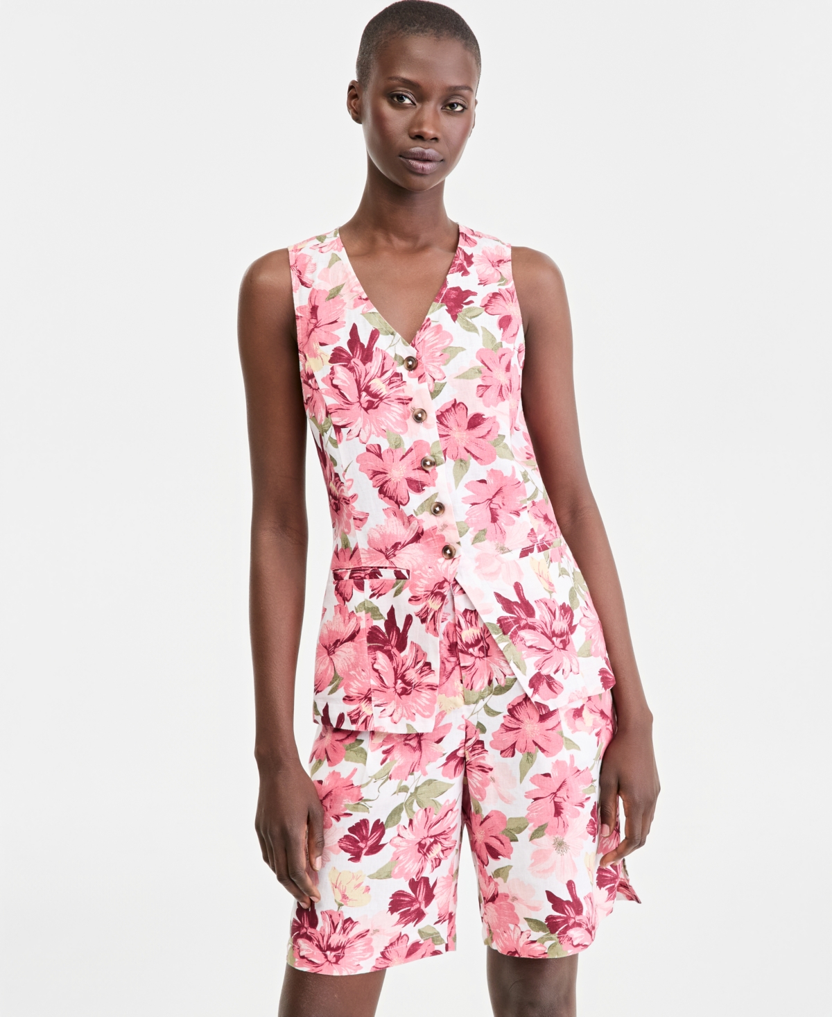 Click here for Charter Club Womens Linen V-Neck Button-Front Vest... prices