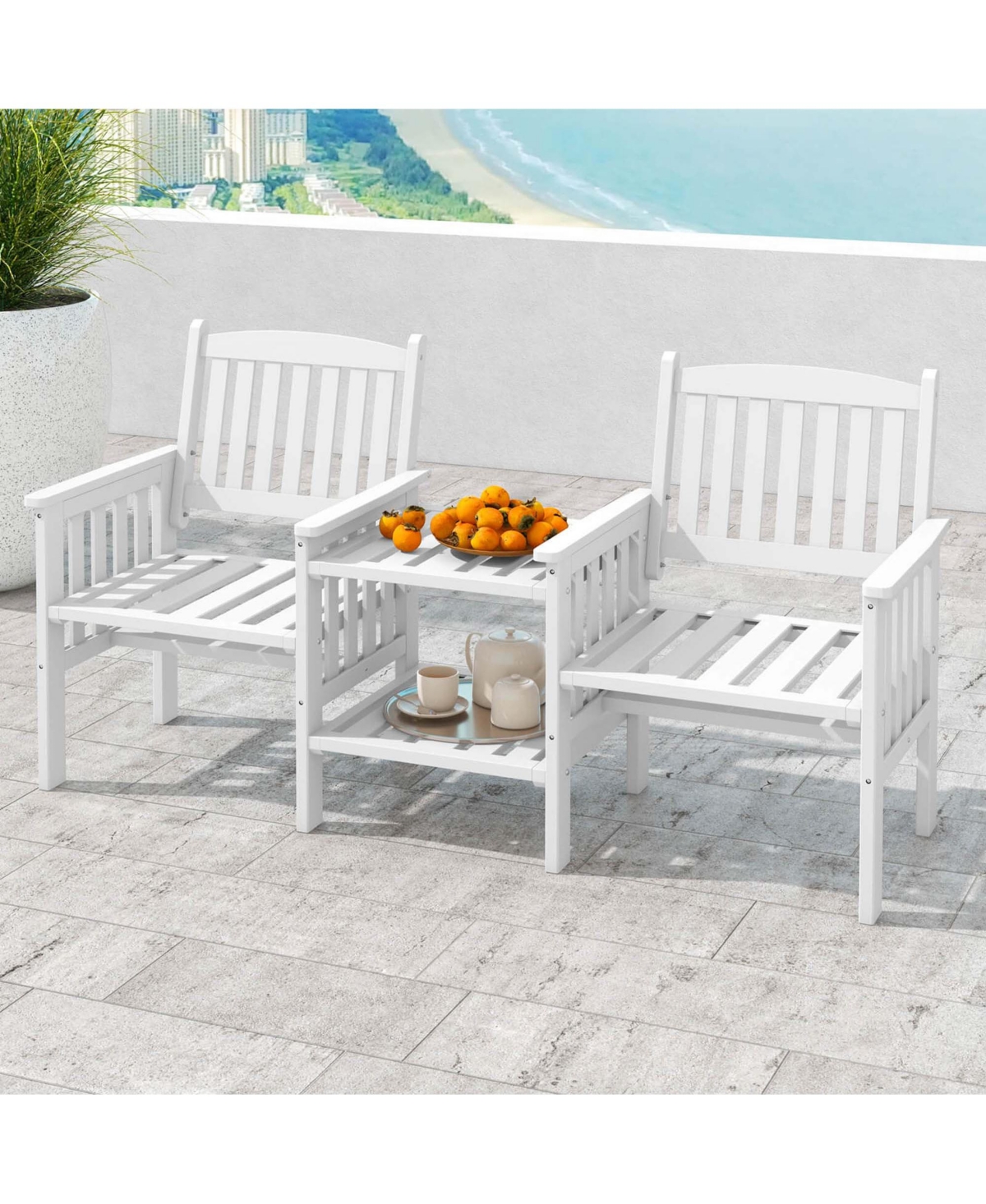 Click here for Outdoor Fir Wood Loveseat with 2-Tier Side Table a... prices