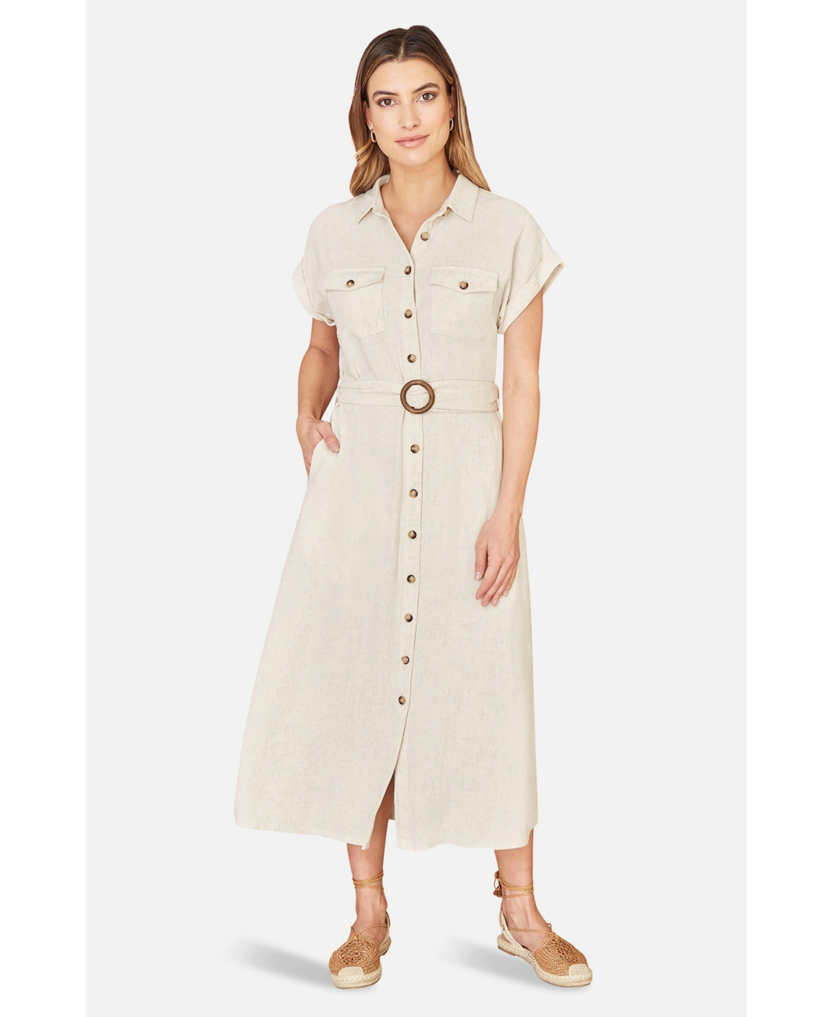 Click here for Yumi Womens Linen Look Midi Shirt Dress - Natural prices