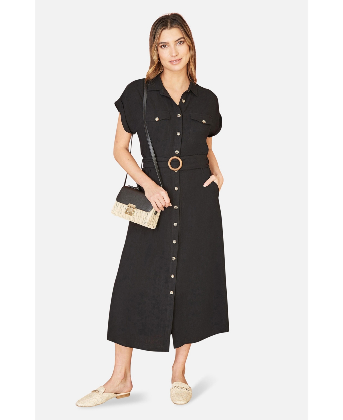 Click here for Yumi Womens Linen Look Midi Shirt Dress - Black prices