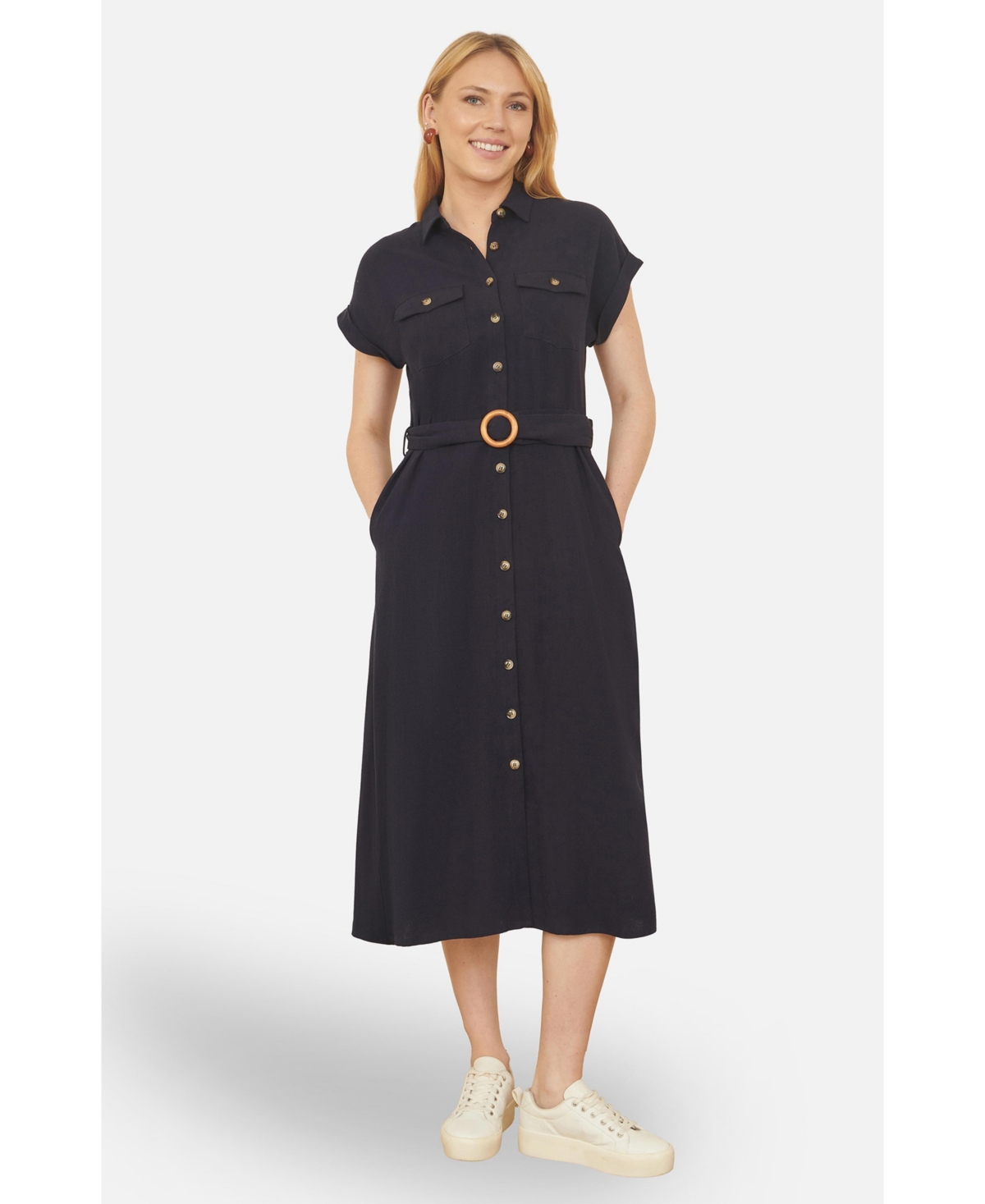 Click here for Yumi Womens Linen Look Midi Shirt Dress - Navy prices
