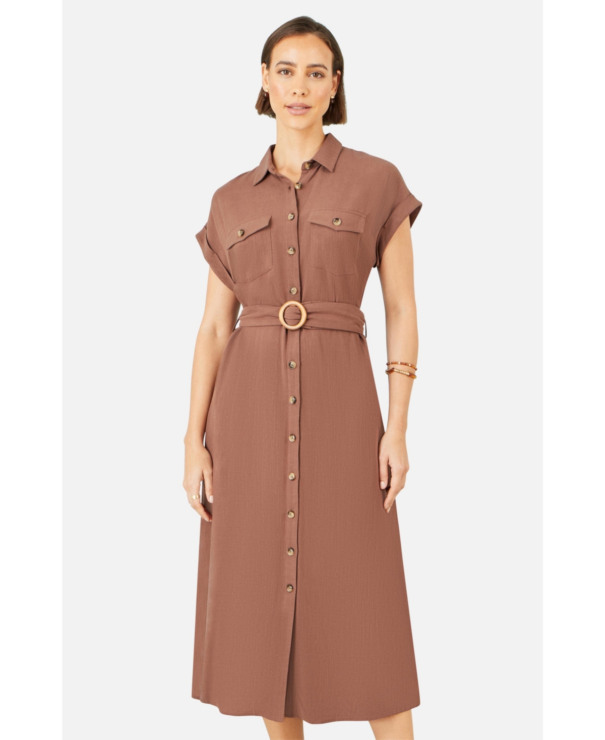 Click here for Yumi Womens Linen Look Midi Shirt Dress - Brown prices