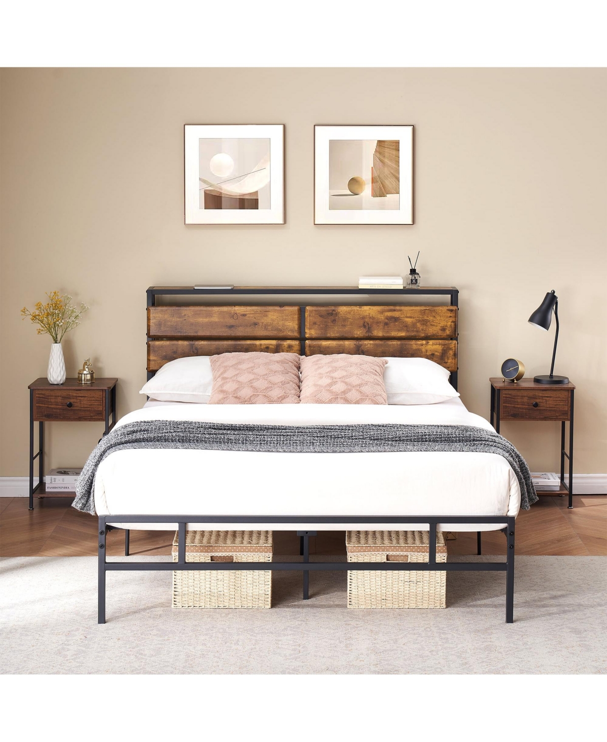 Click here for gaomon Industrial WoodandMetal Bed Frame- Storage... prices