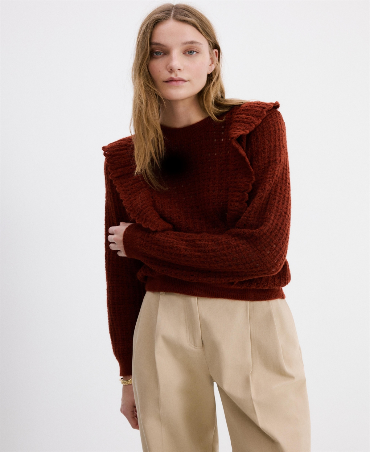 Click here for Mango Womens Ruffles Openwork Knitted Sweater - Bu... prices